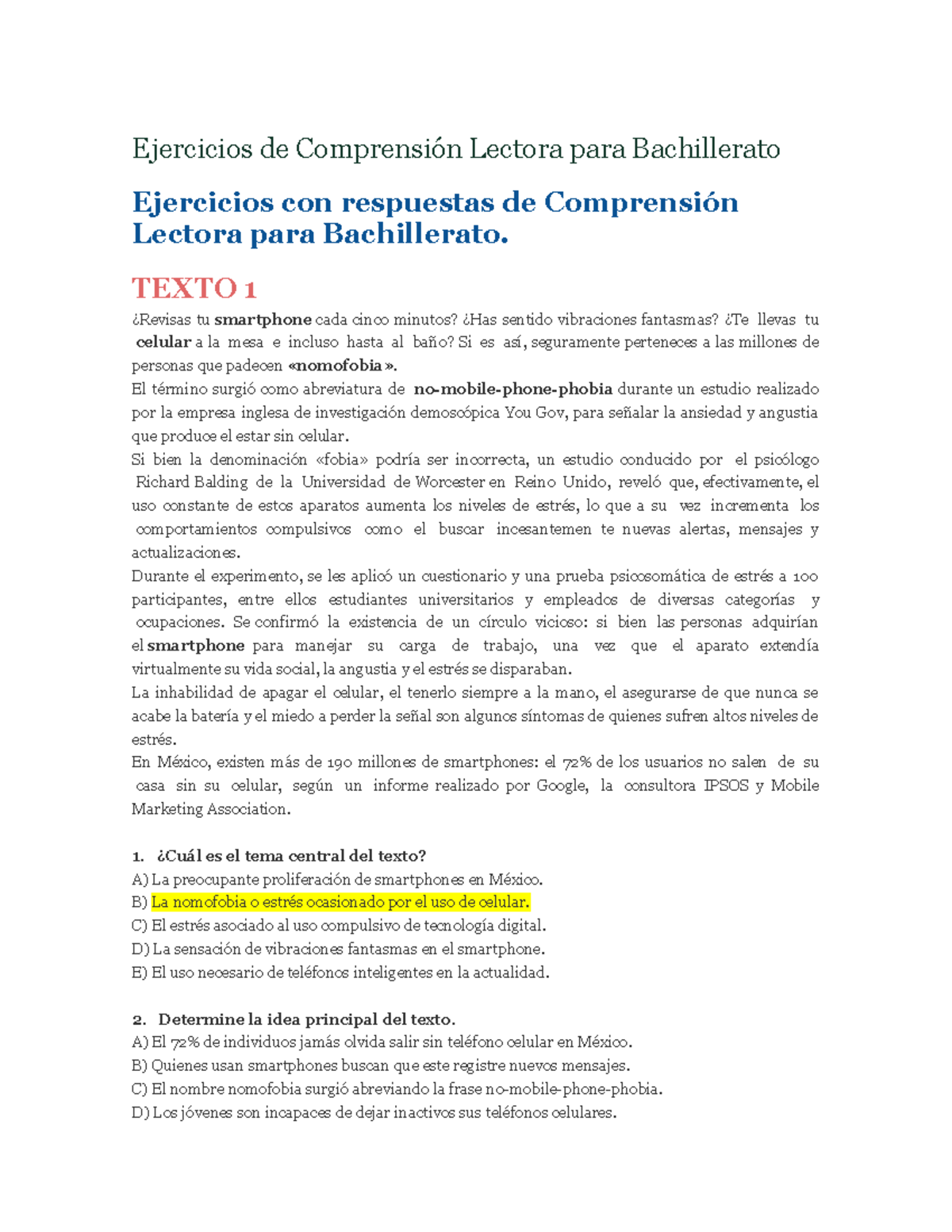 Ejercicios de Comprensión Lectora para Bachillerato - Ejercicios de Comprensión Lectora para ...