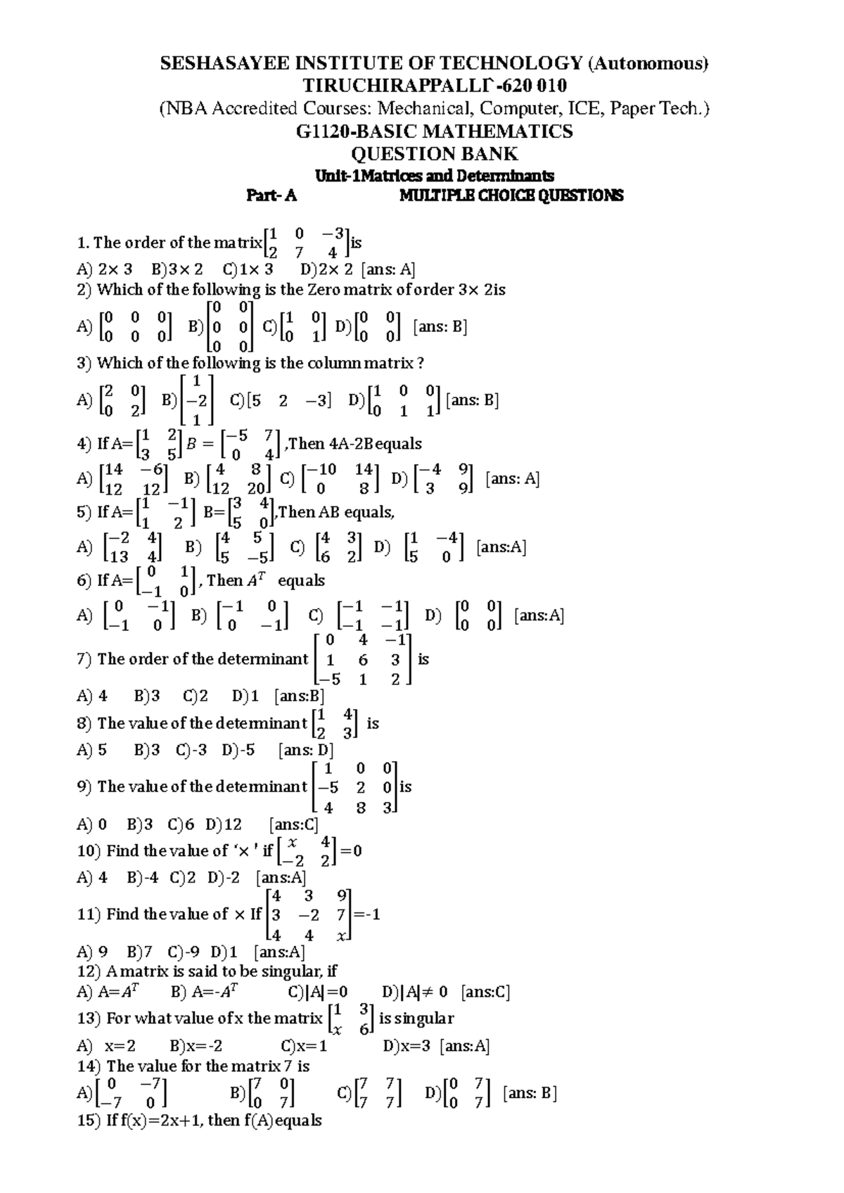 G1120 Mathematics Question Bank: MCQs on Determinants and Vectors - Studocu
