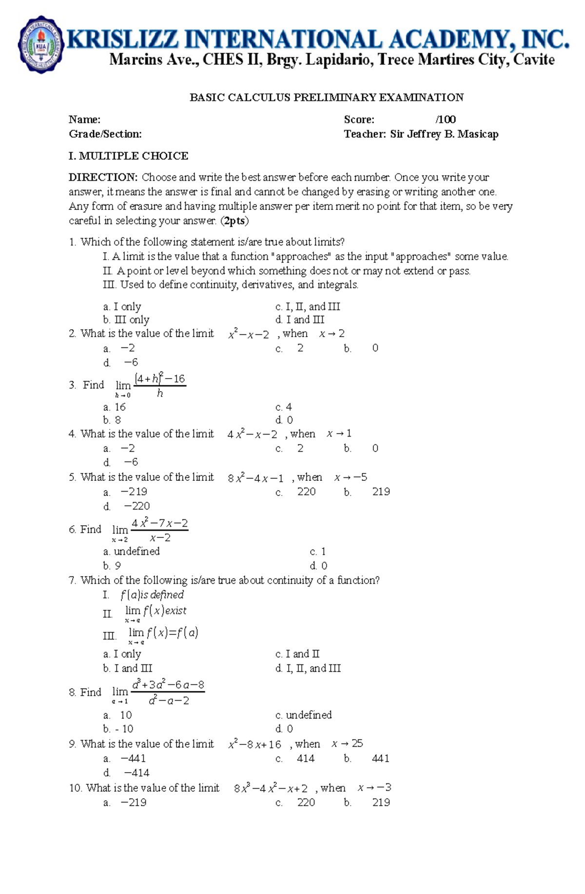 Prelim Exam in Basic Calculus: Multiple Choice & Evaluation Questions ...