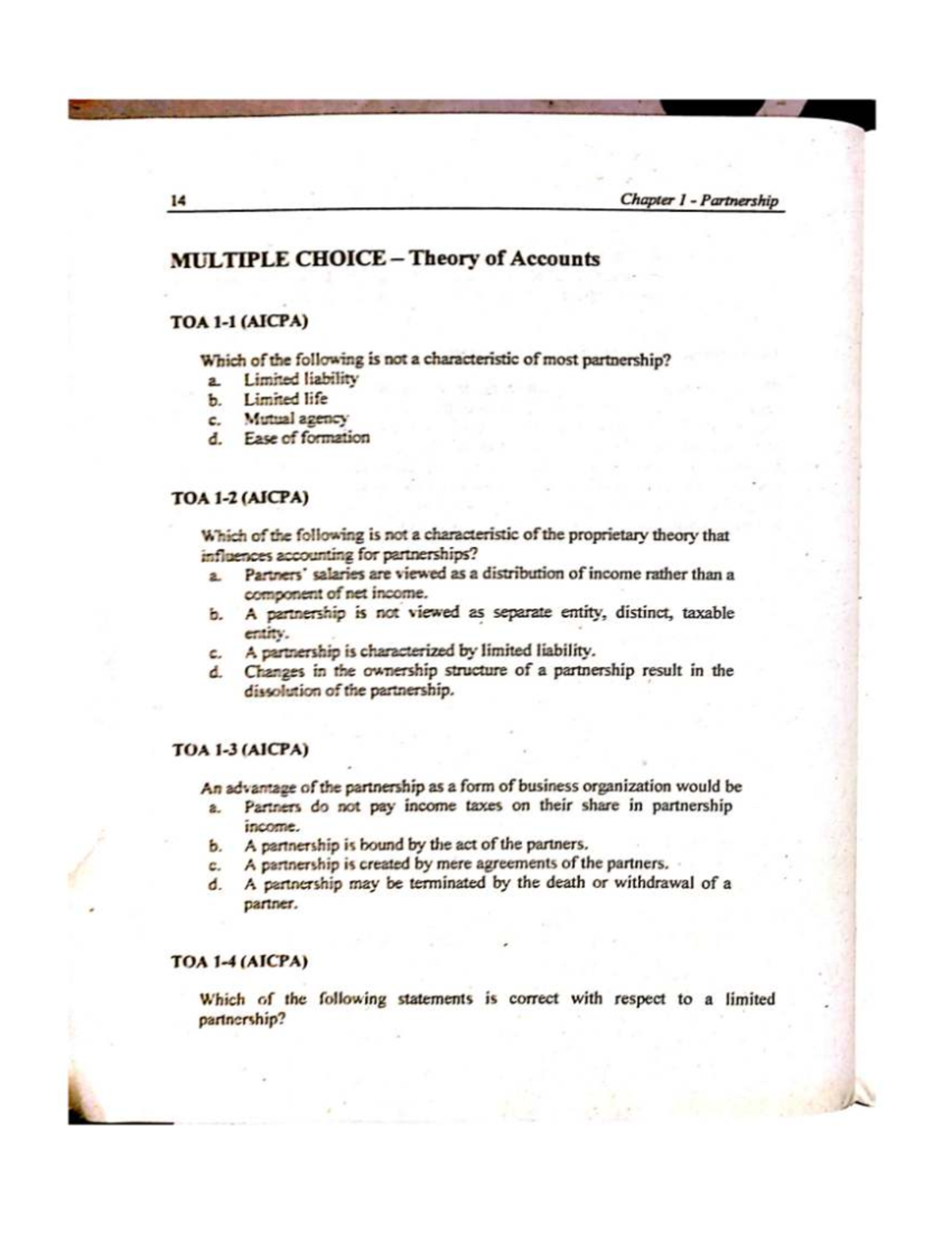 Chapter 1 Partnership Review - TOA (AICPA) Multiple Choice Questions ...
