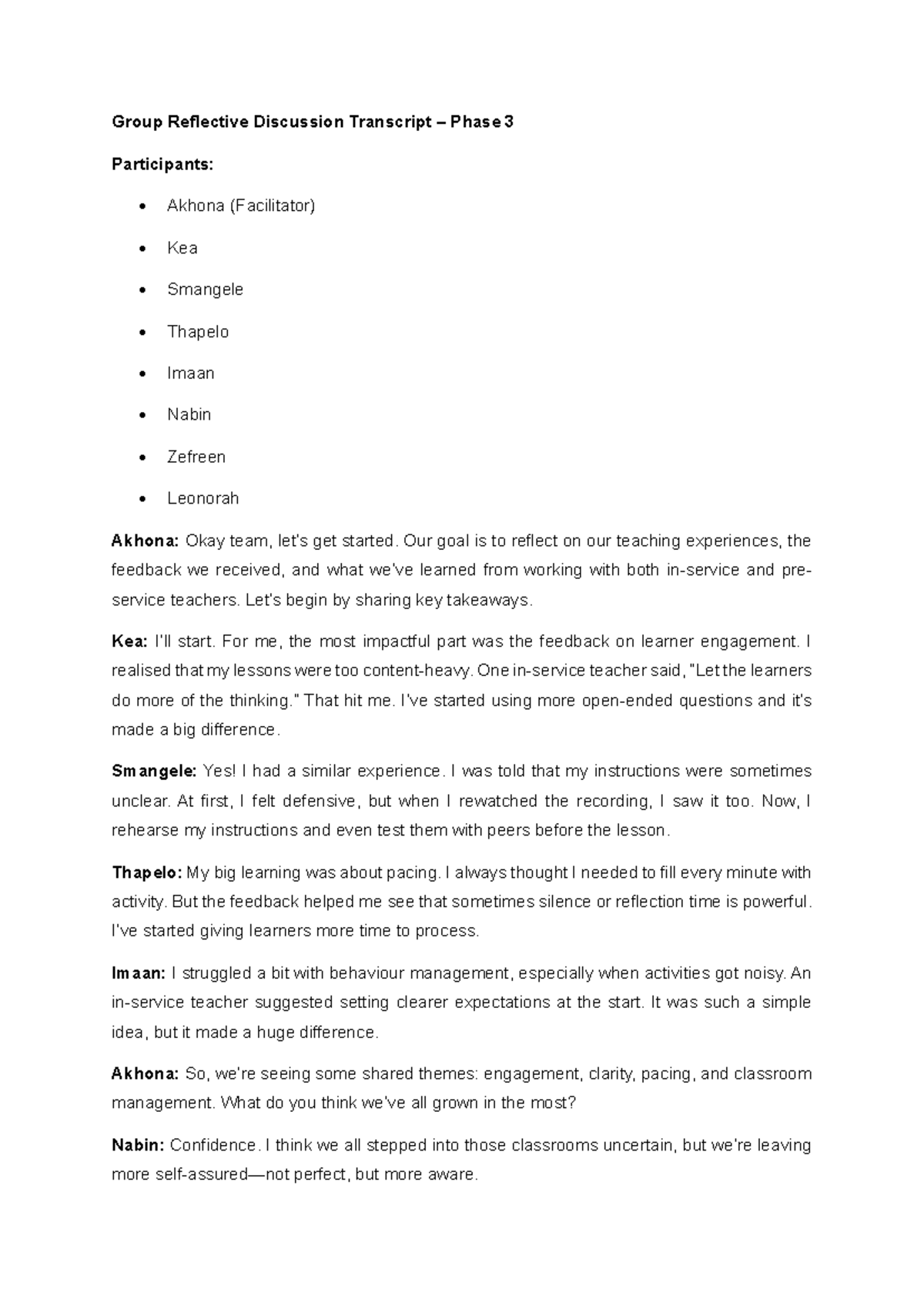 EDU 301: Group Reflective Discussion Transcript on Teaching Feedback ...