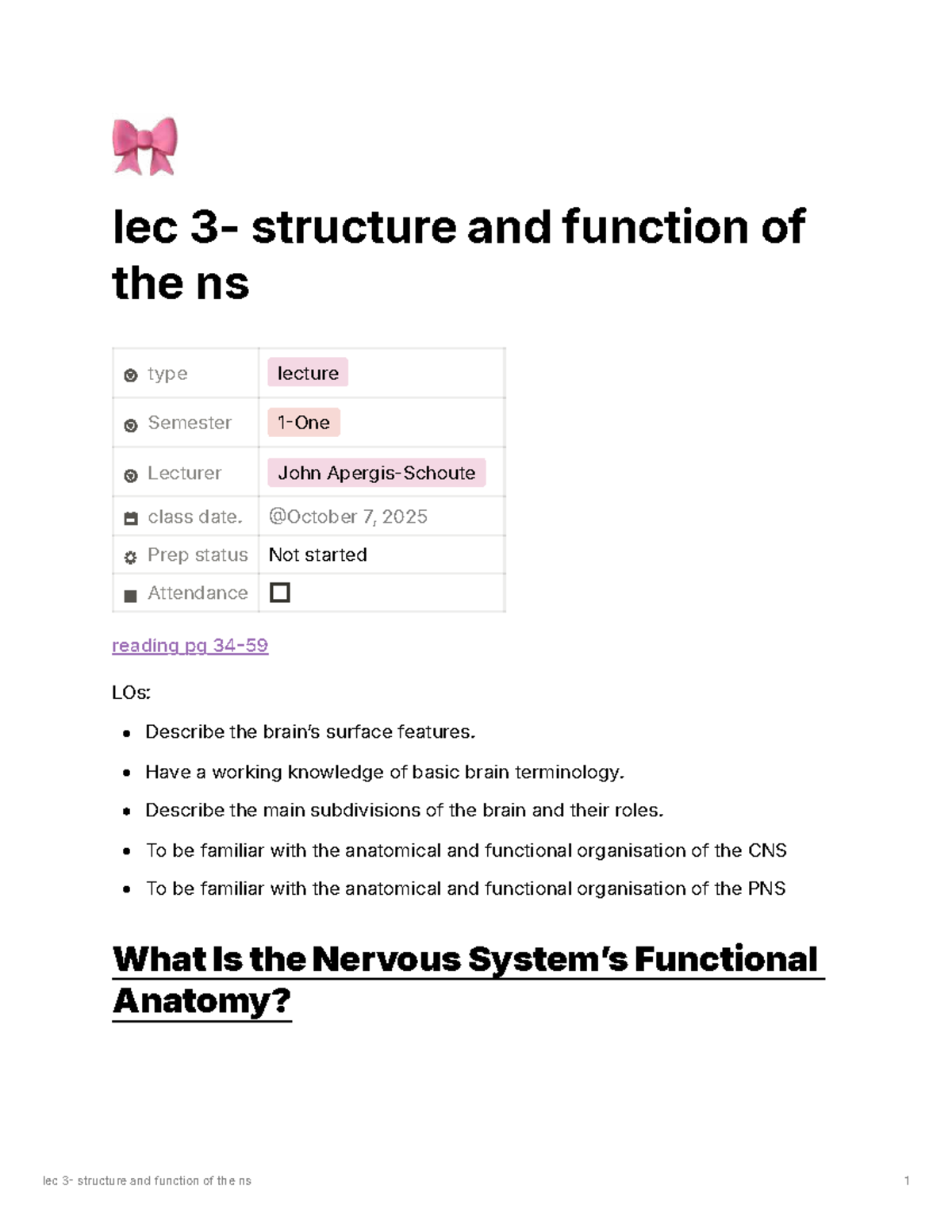 CNS 101: Lecture Notes on Structure & Function of the Nervous System ...