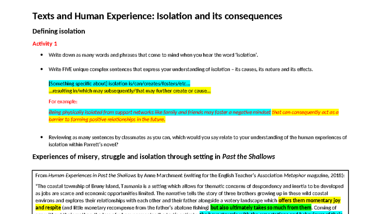 ENG 101: Human Experiences of Isolation in "Past the Shallows" - Studocu