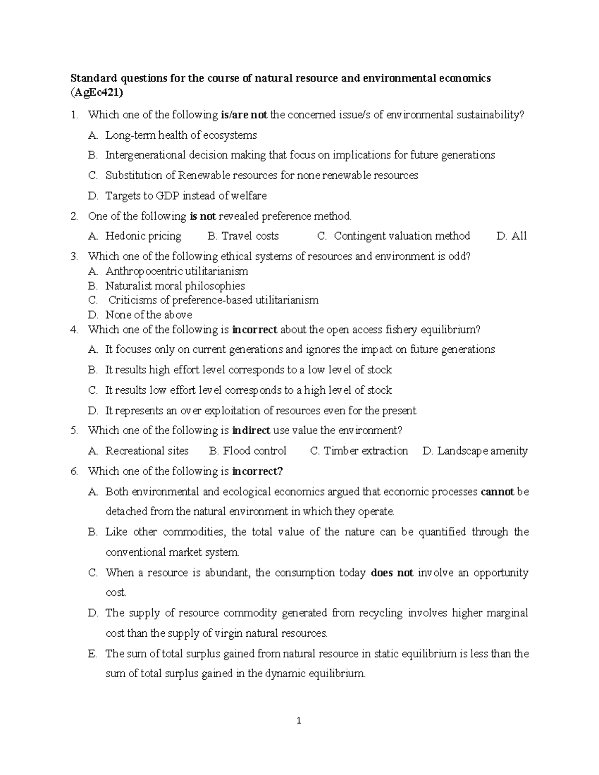Standard Questions for Natural Resource and Environmental Economics ...