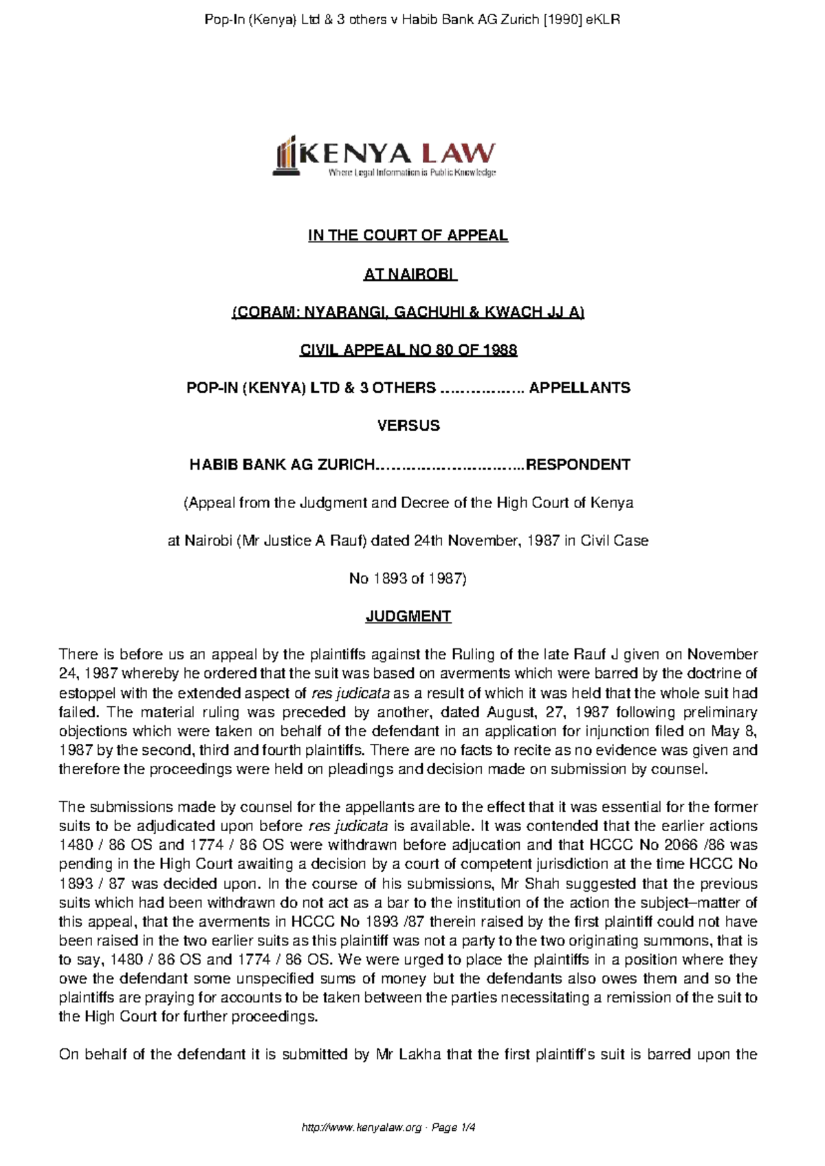Civil Appeal 80 of 1988: Kenya Ltd 3 Others v Habib Bank AG Judgment ...