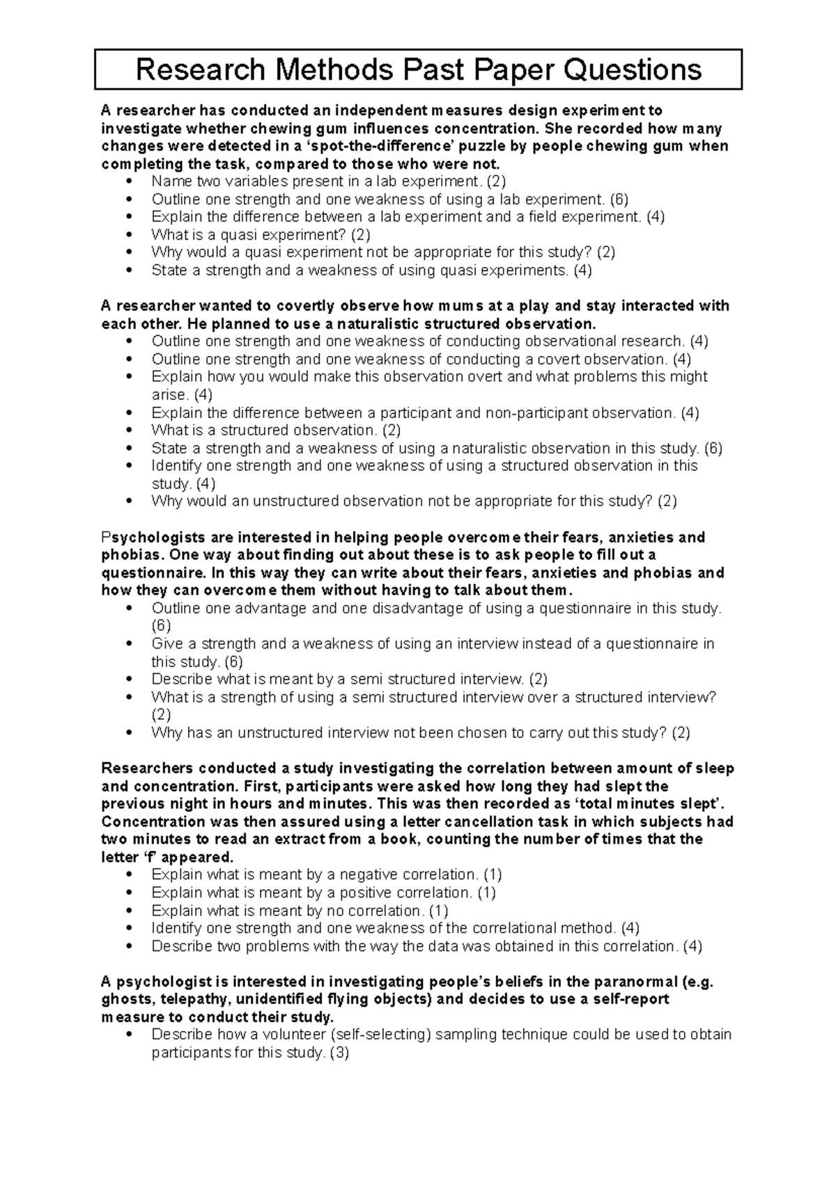 Research Methods Exam Revision: Full Questions List for PSY101 - Studocu