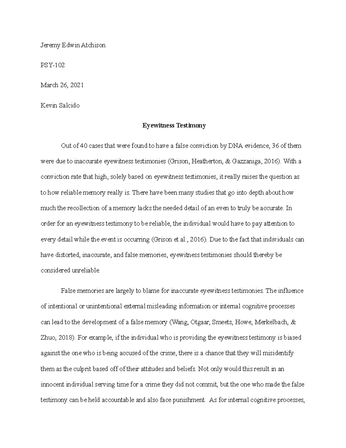 Eyewitness Testimony - Assignment - Jeremy Edwin Atchison PSY- March 26 ...
