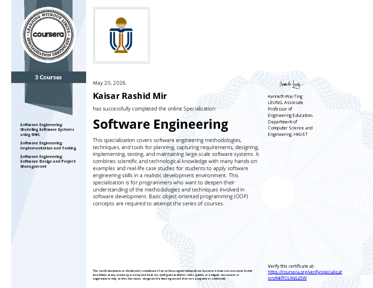Software Engineering Specialization Completion Certificate - Coursera ...
