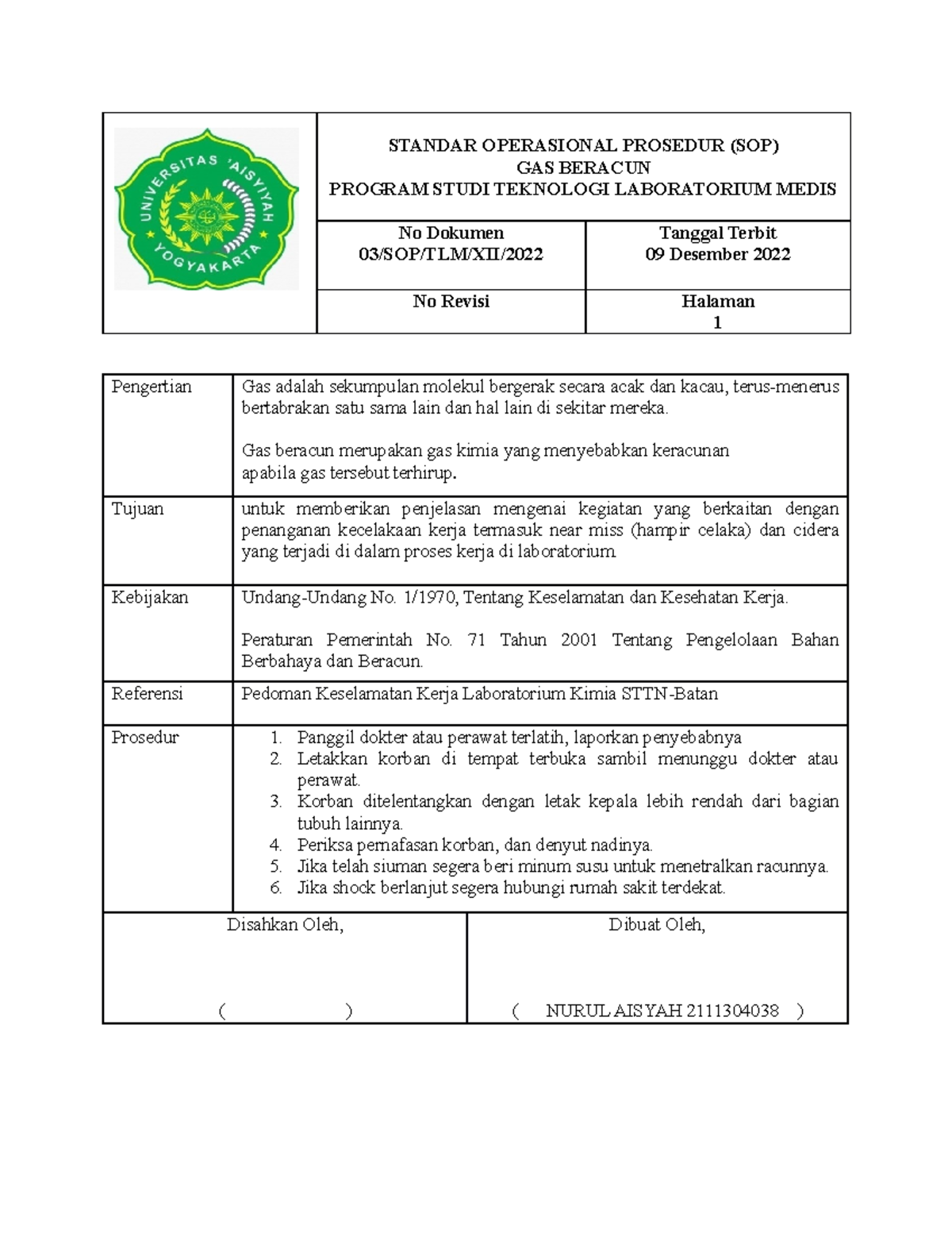 Penanganan Gas Beracun dalam Laboratorium - SOP TLM 03/SOP/TLM/XII ...