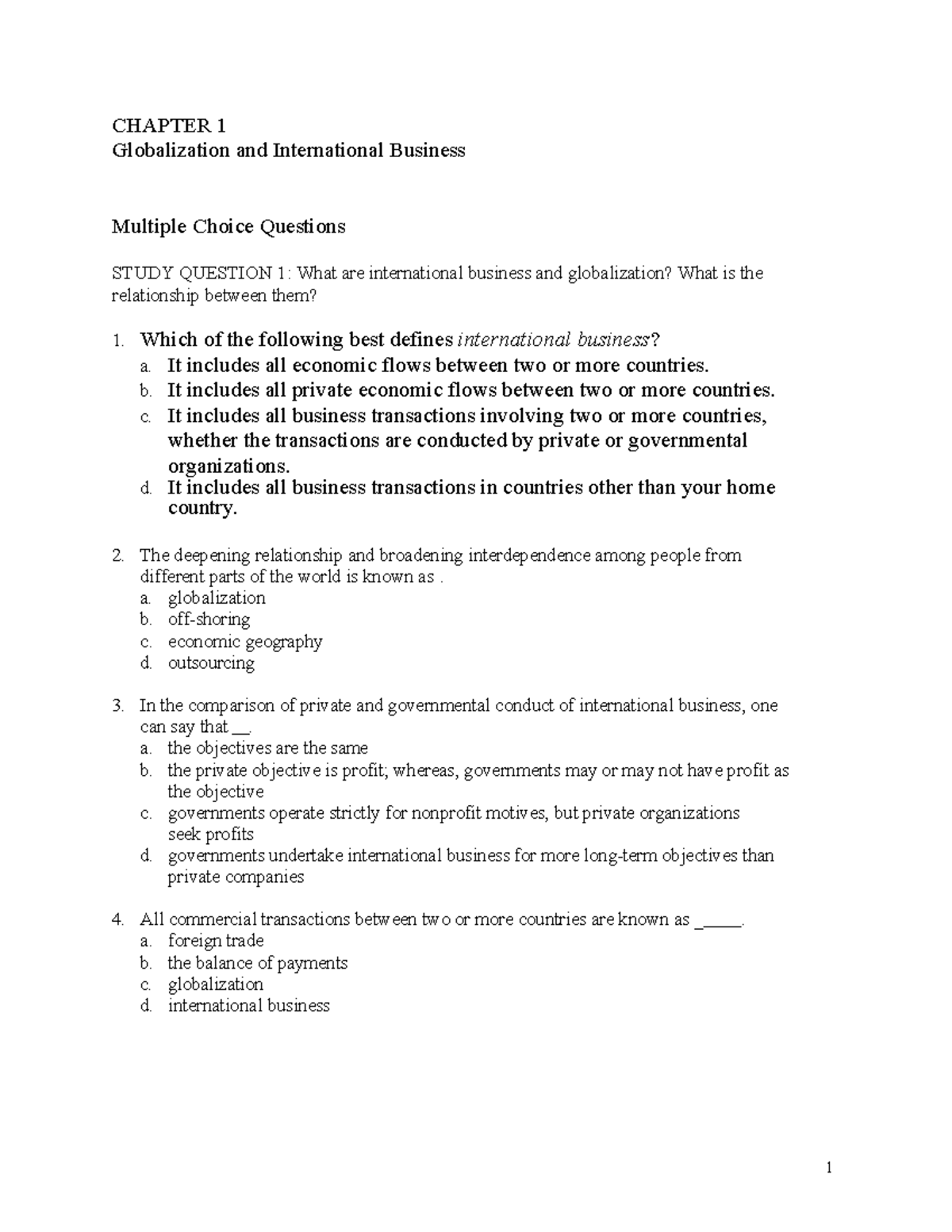 CHAPTER 1: Globalization & International Business MCQs for IB 11th ...
