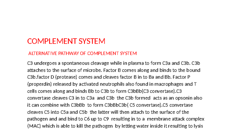 Complement System: Alternative Pathway in Immunology - Studocu