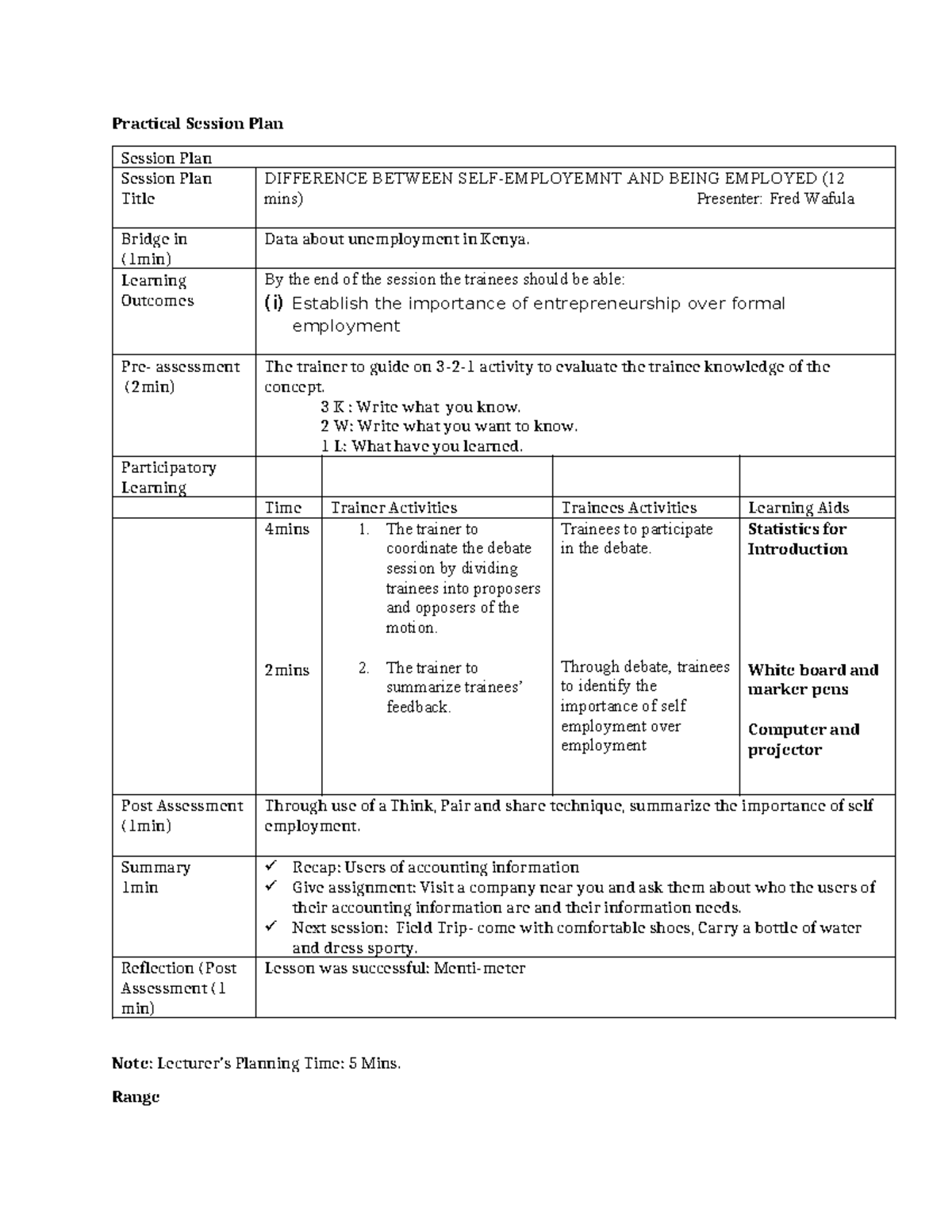 Session Plan: Difference Between Employment & Self-Employment (FAP 101 ...