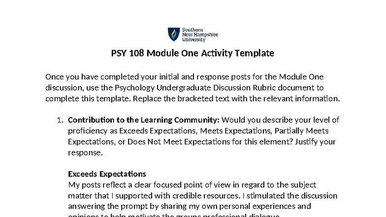 PSY 108 Module One Discussion Activity Reflection Template - Studocu