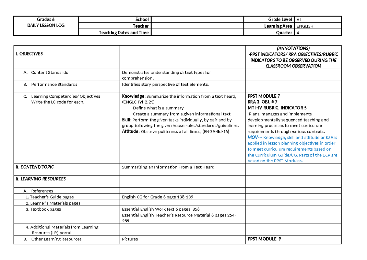 COT DLP English 6 Summarizing Informations Heard BY Master Teacher EVA M. Corvera - Grades 6 ...