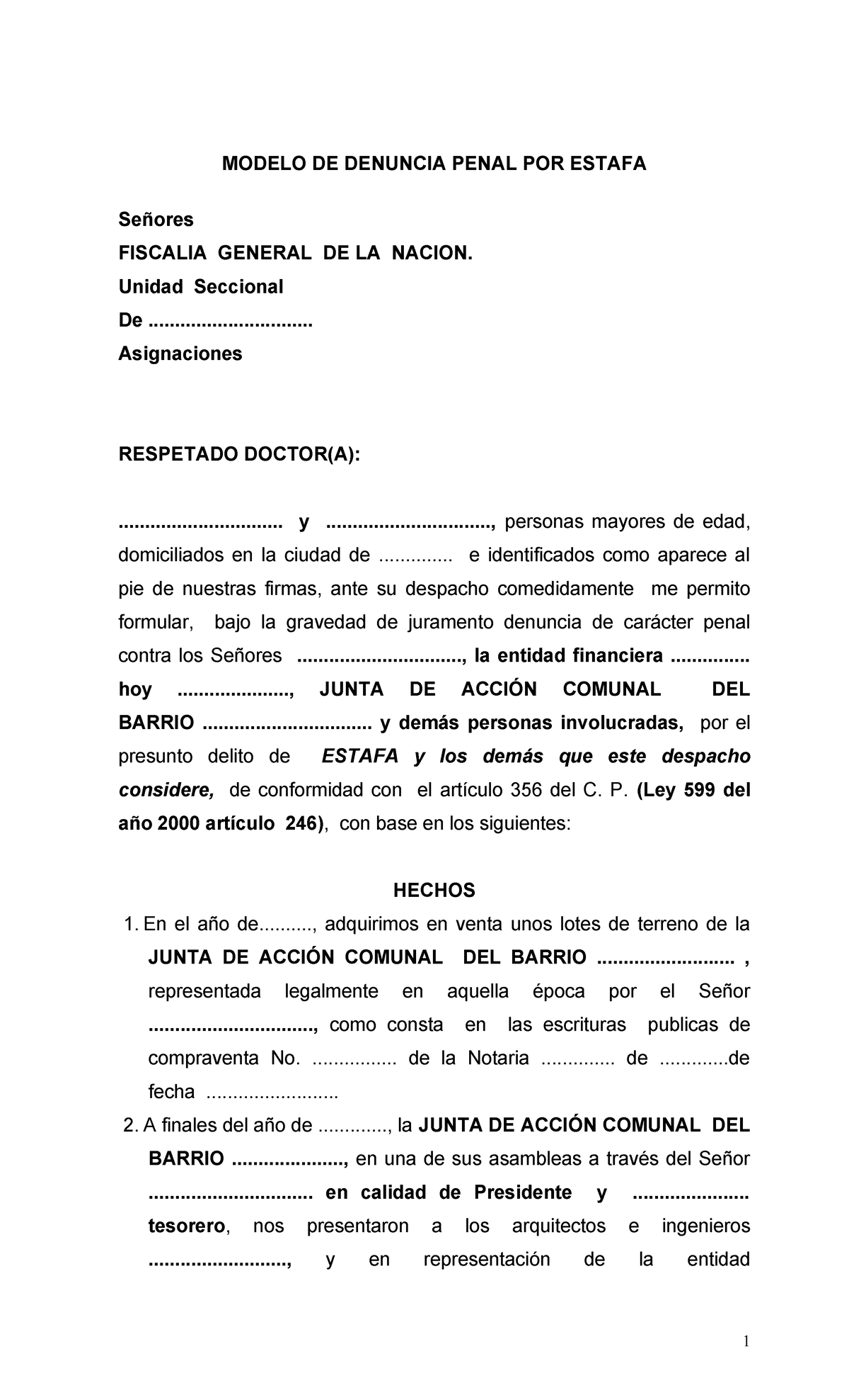 Modelo de Denuncia Penal por Estafa - Proceso No. [Número] - Studocu