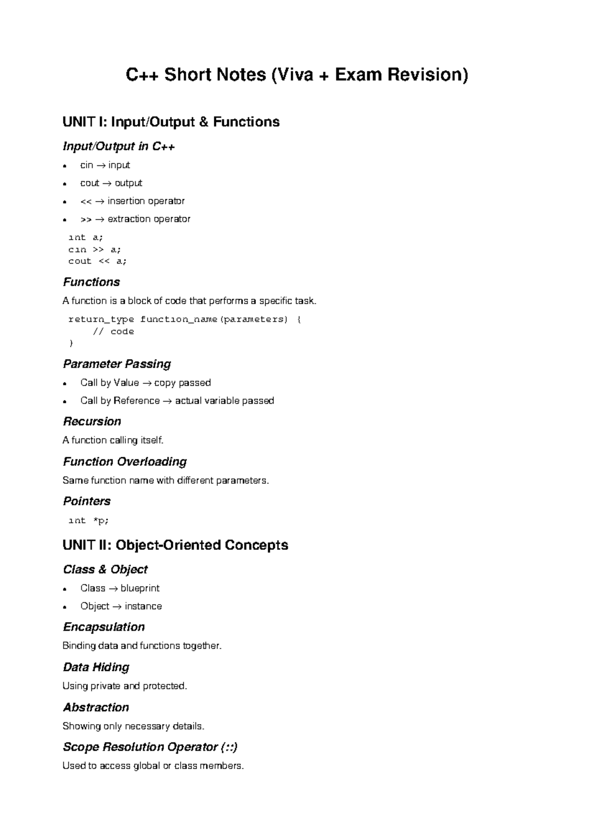 C++ Short Notes (Viva Exam Revision) - Key Concepts & Functions - Studocu