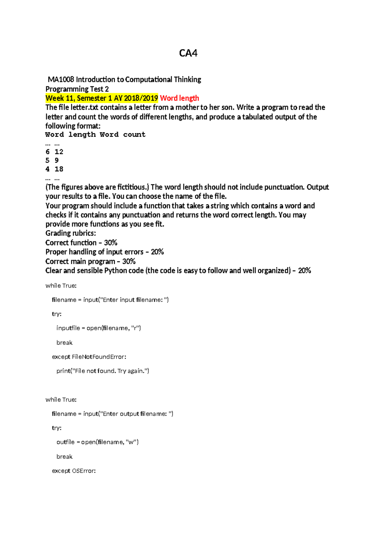 CA4 Past papers - CA MA1008 Introduction to Computational Thinking ...