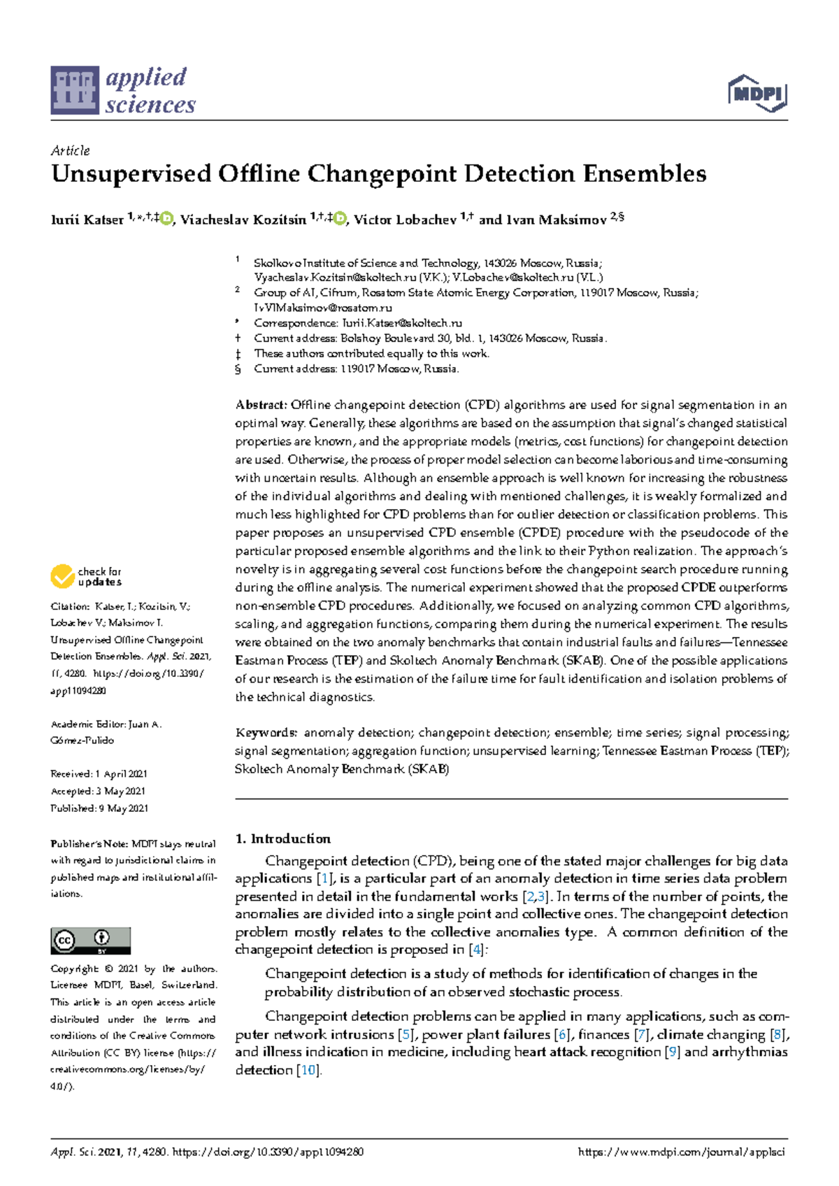 Applied Sciences 2021: Unsupervised Offline Changepoint Detection ...