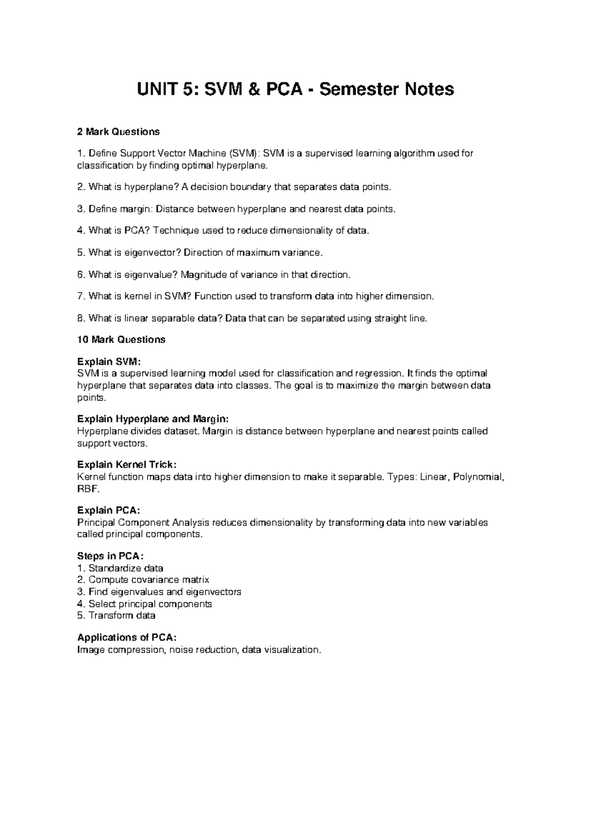 Unit 5: SVM & PCA Study Notes - Key Concepts & 2 Mark Qs - Studocu