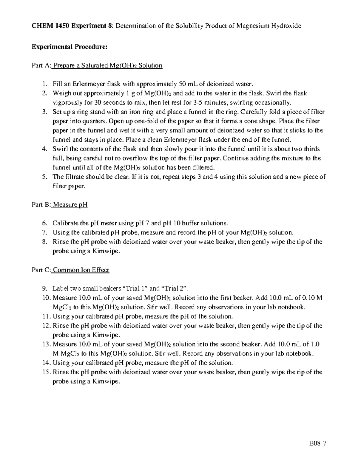 CHEM 1450 Experiment 8: Mg(OH)2 Solubility Product Procedure - Studocu