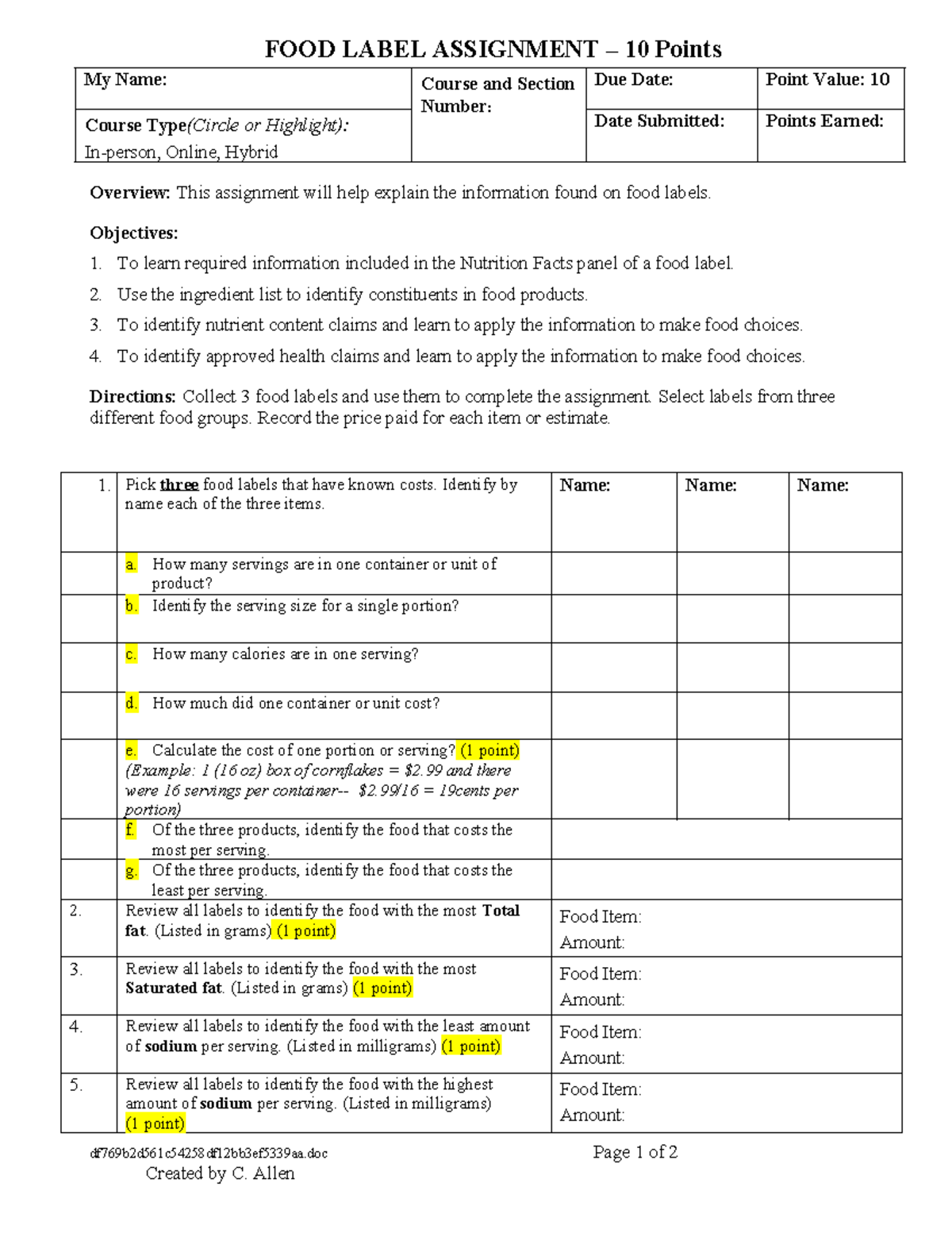 FOOD LABEL ASSIGNMENT (10 Points) - Analysis & Insights - Studocu