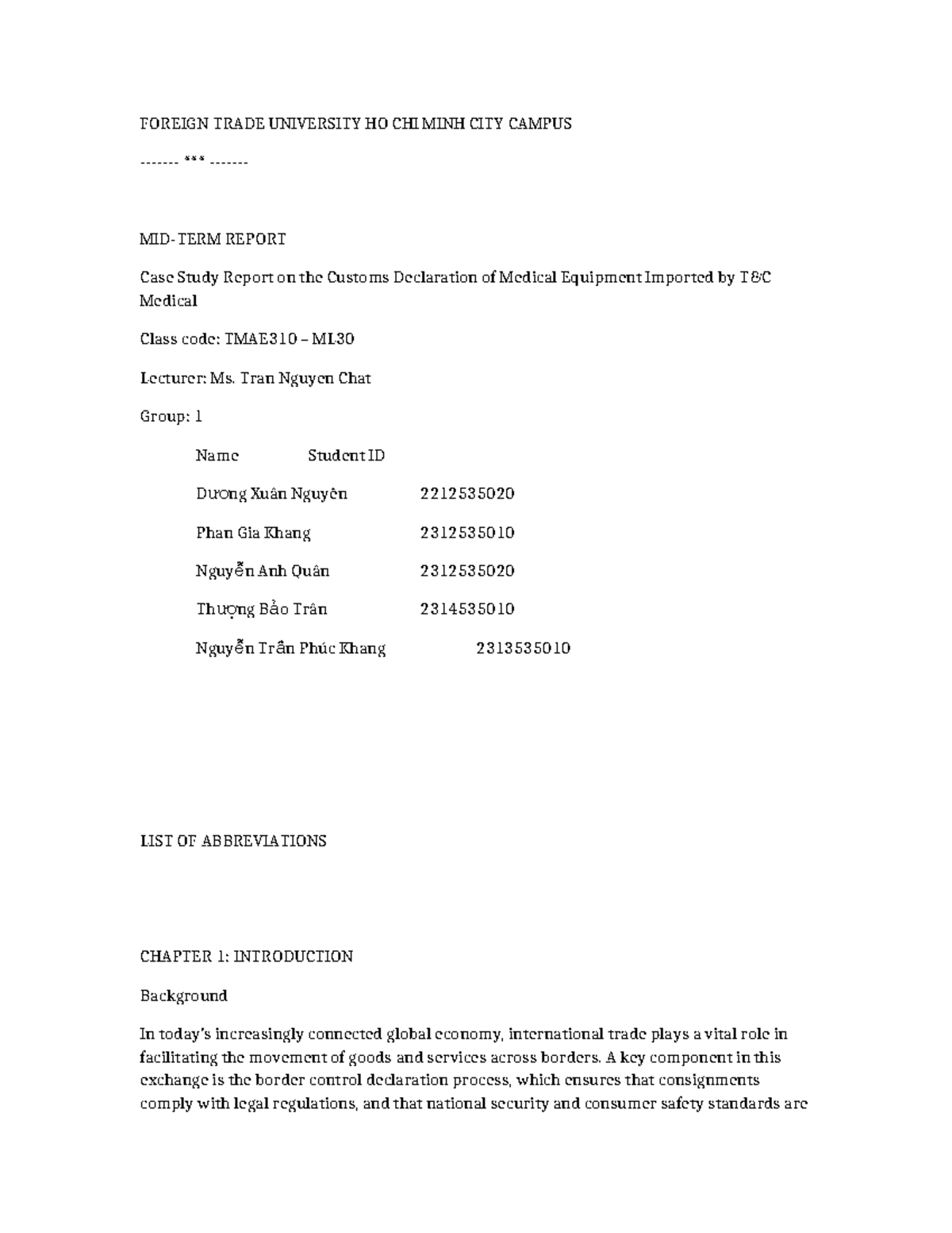 Case Study Report on Customs Declaration of Medical Equipment (TMAE310 ...