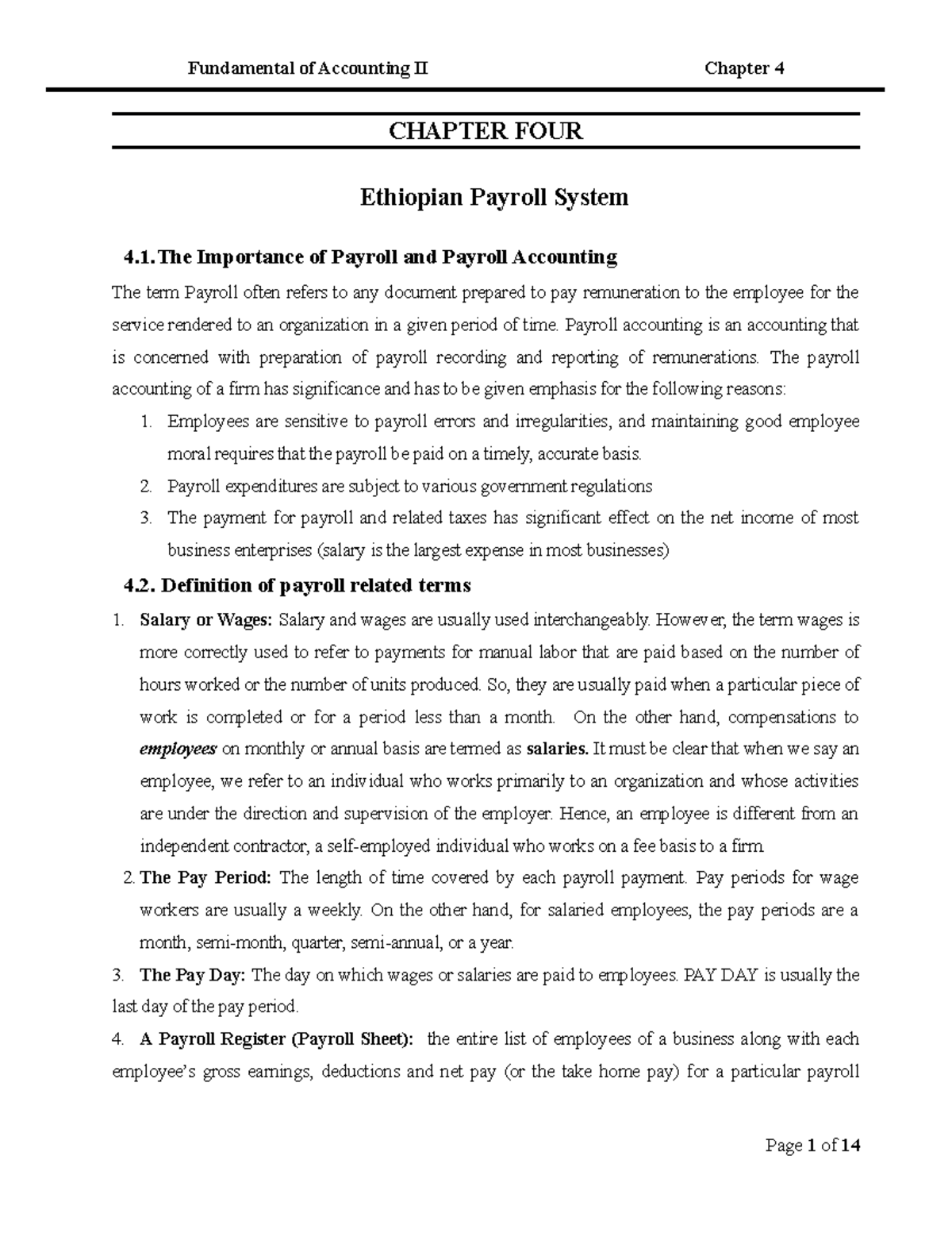 Fundamentals Of Accounting Ii Chapter 4 Ethiopian Payroll System