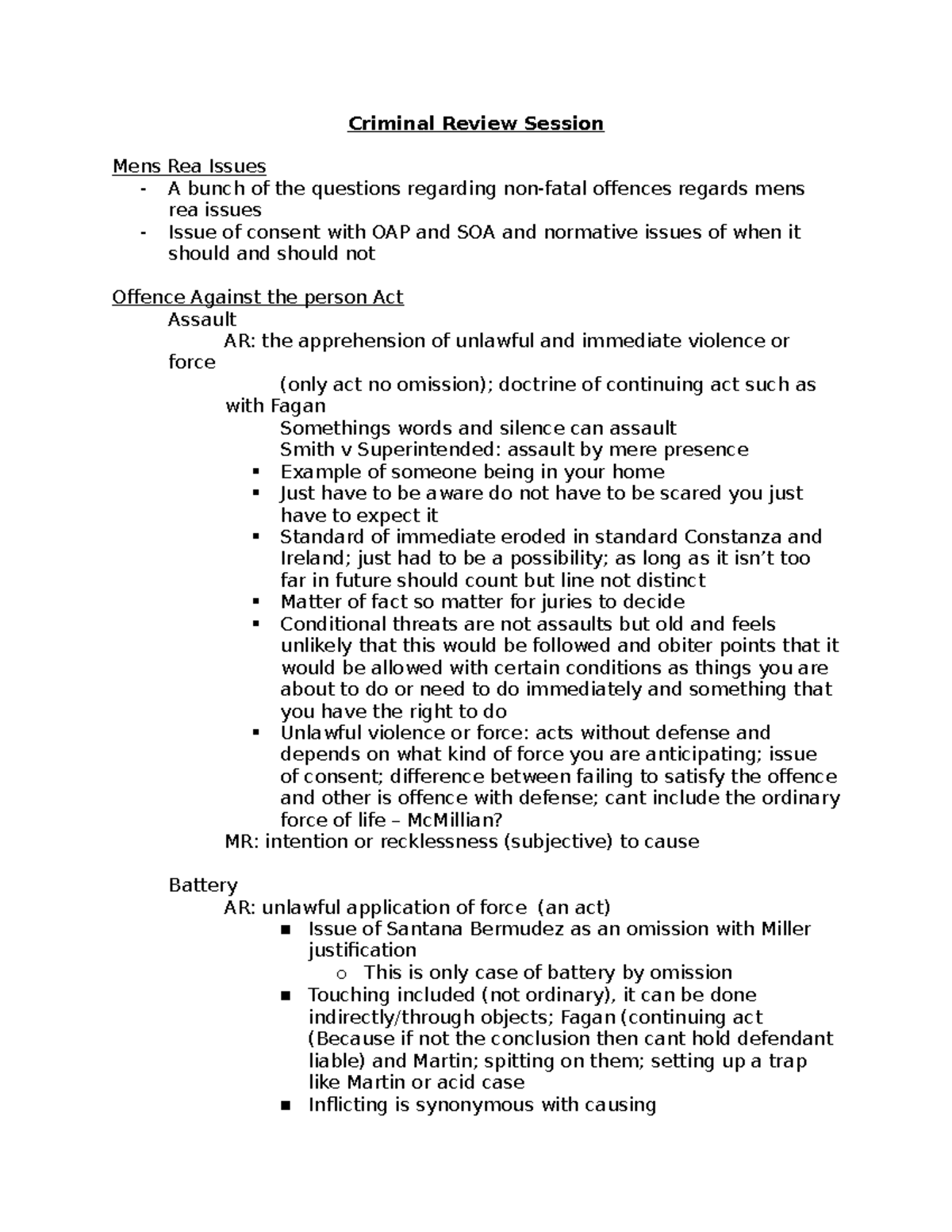Criminal Review Session #2 - Criminal Review Session Mens Rea Issues ...