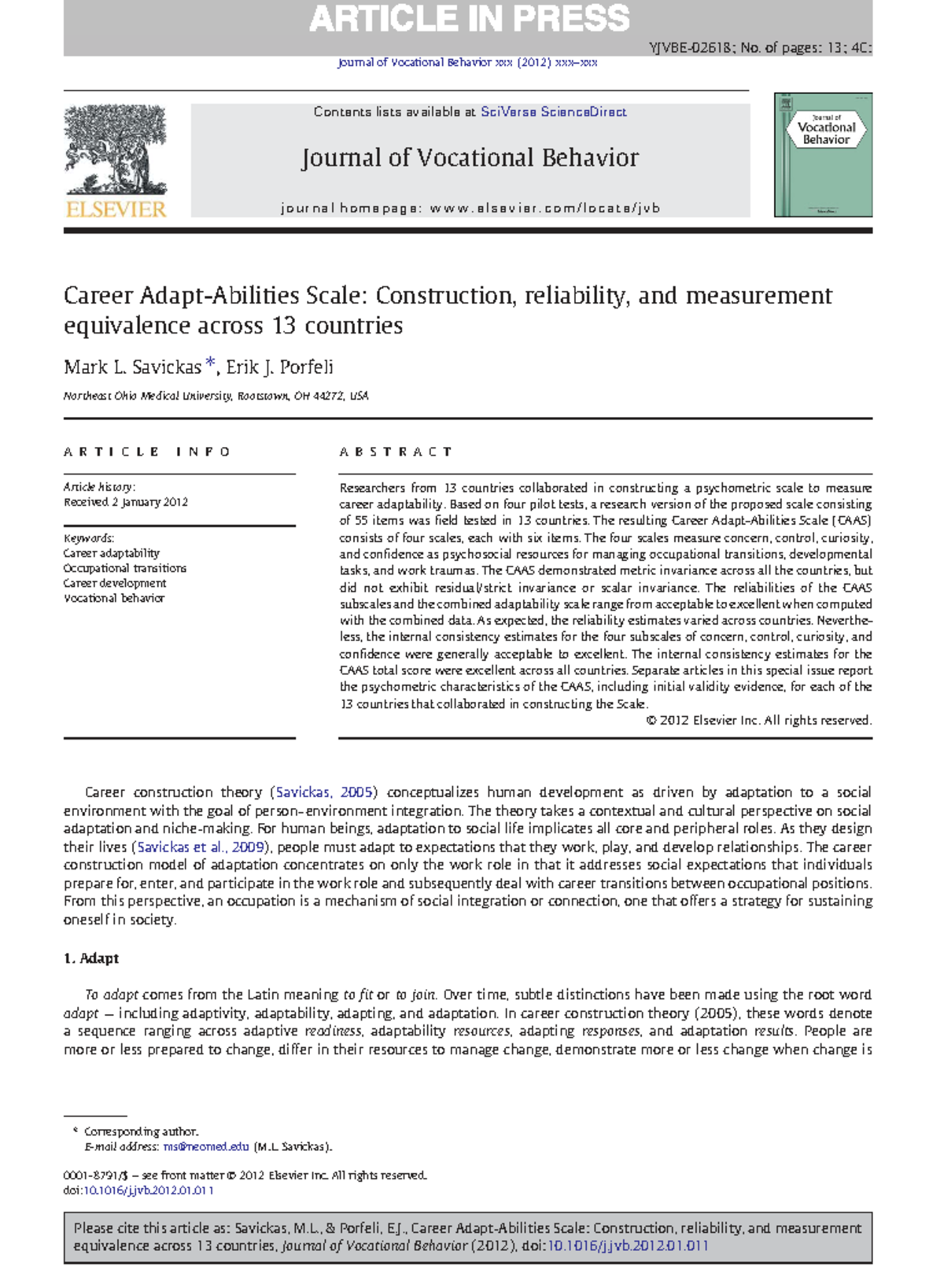 CAAS International: Career Scale Development & Reliability Study - Studocu