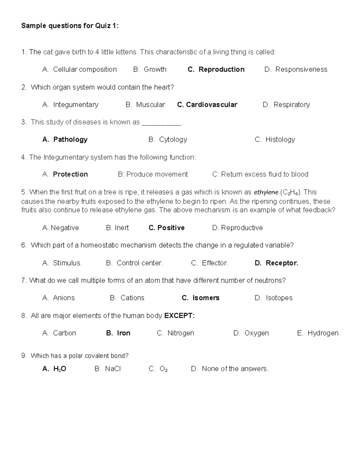 Quiz 1 Practice Questions Guide for Biology 101 - Studocu