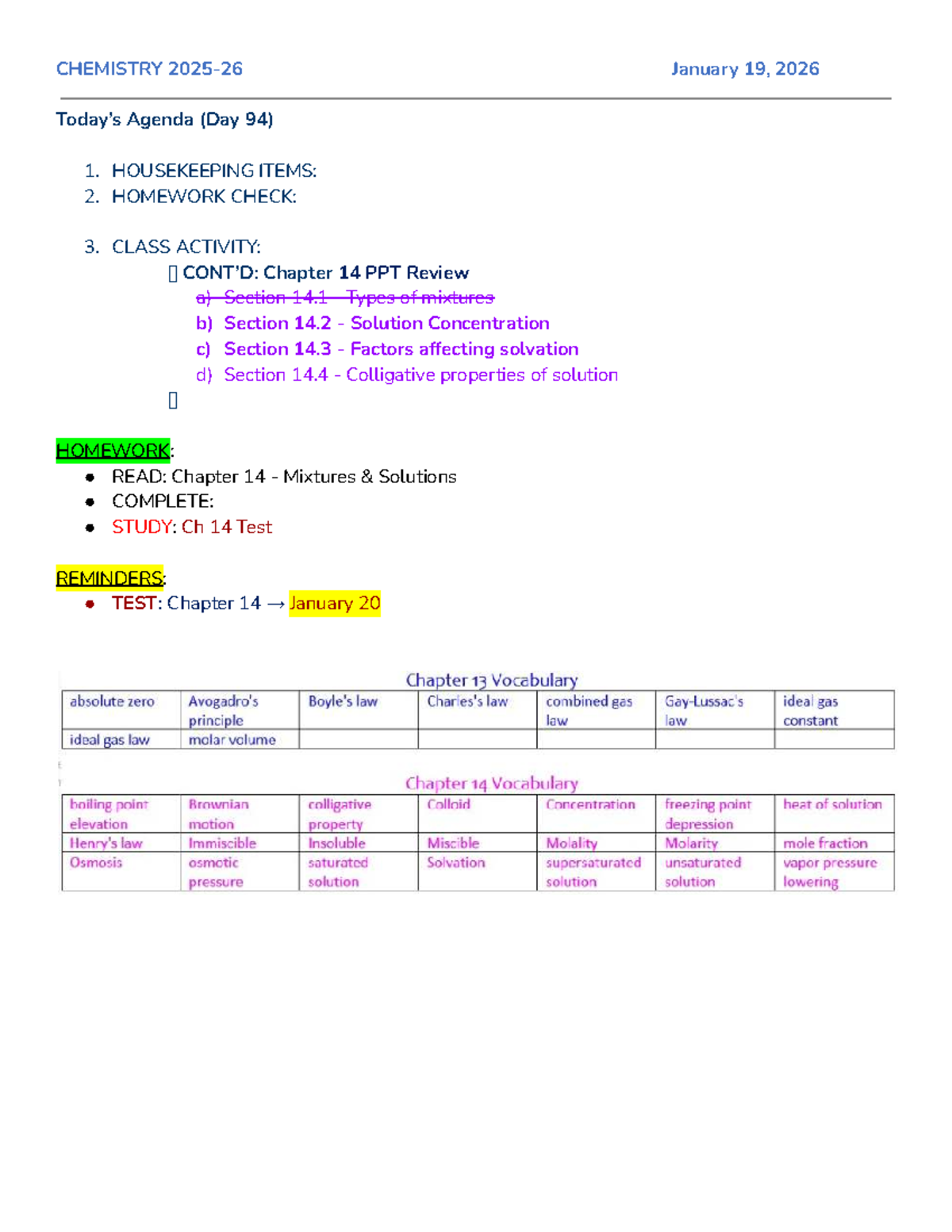 CHEMISTRY Day 94 Agenda: Chapter 14 Mixtures & Solutions Lab Activities ...