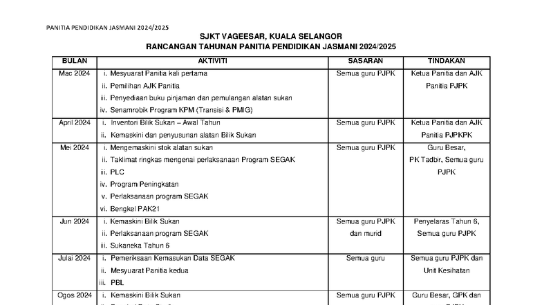 Rancangan Tahunan Panitia Pendidikan Jasmani PJ 2024 - Studocu
