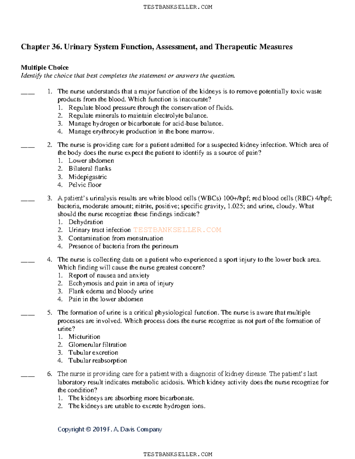 Chapter 36 - Urinary System Function & Assessment: Test Bank - Studocu