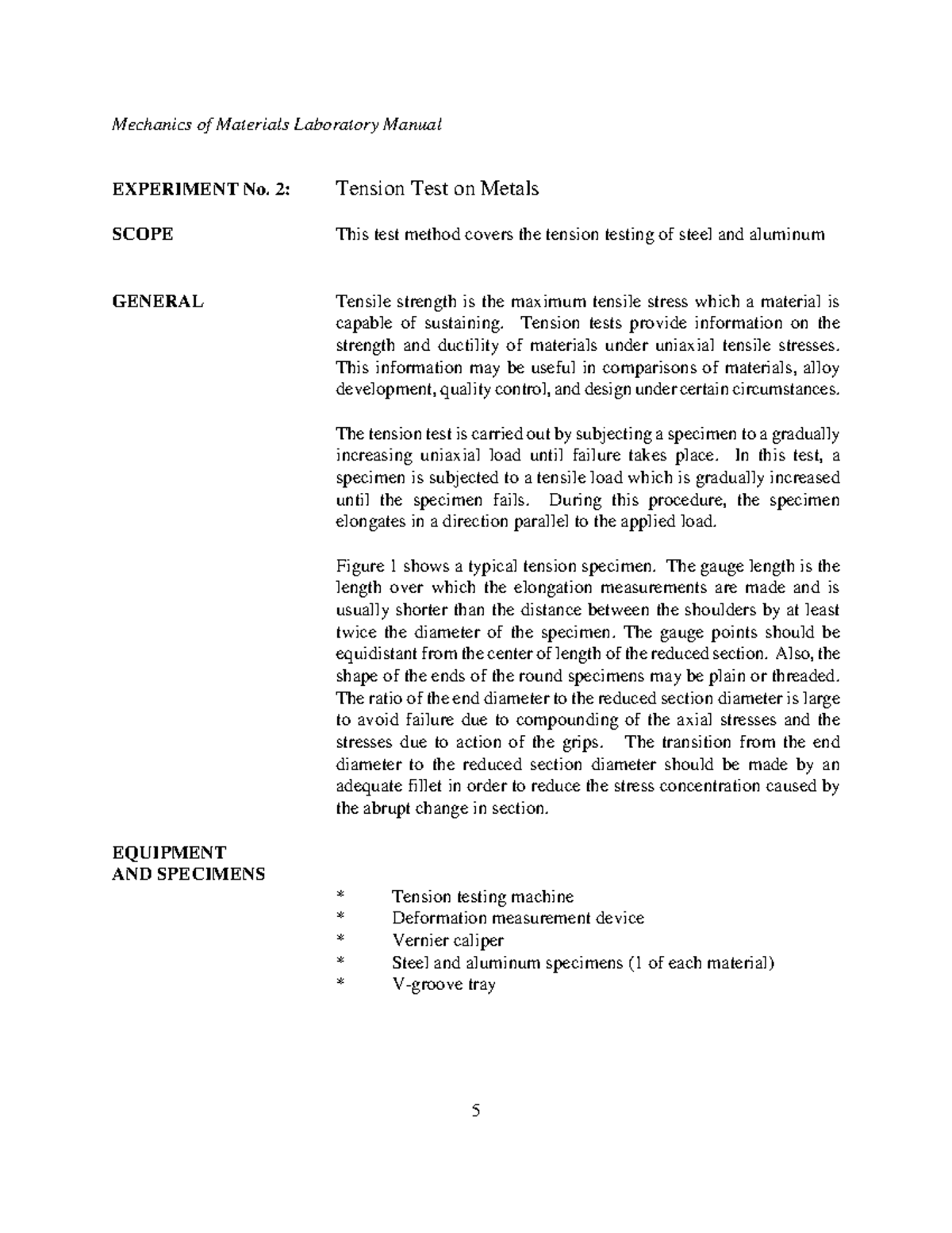 Lab 2: Tension Test on Metals - Mechanics of Materials Manual - Studocu