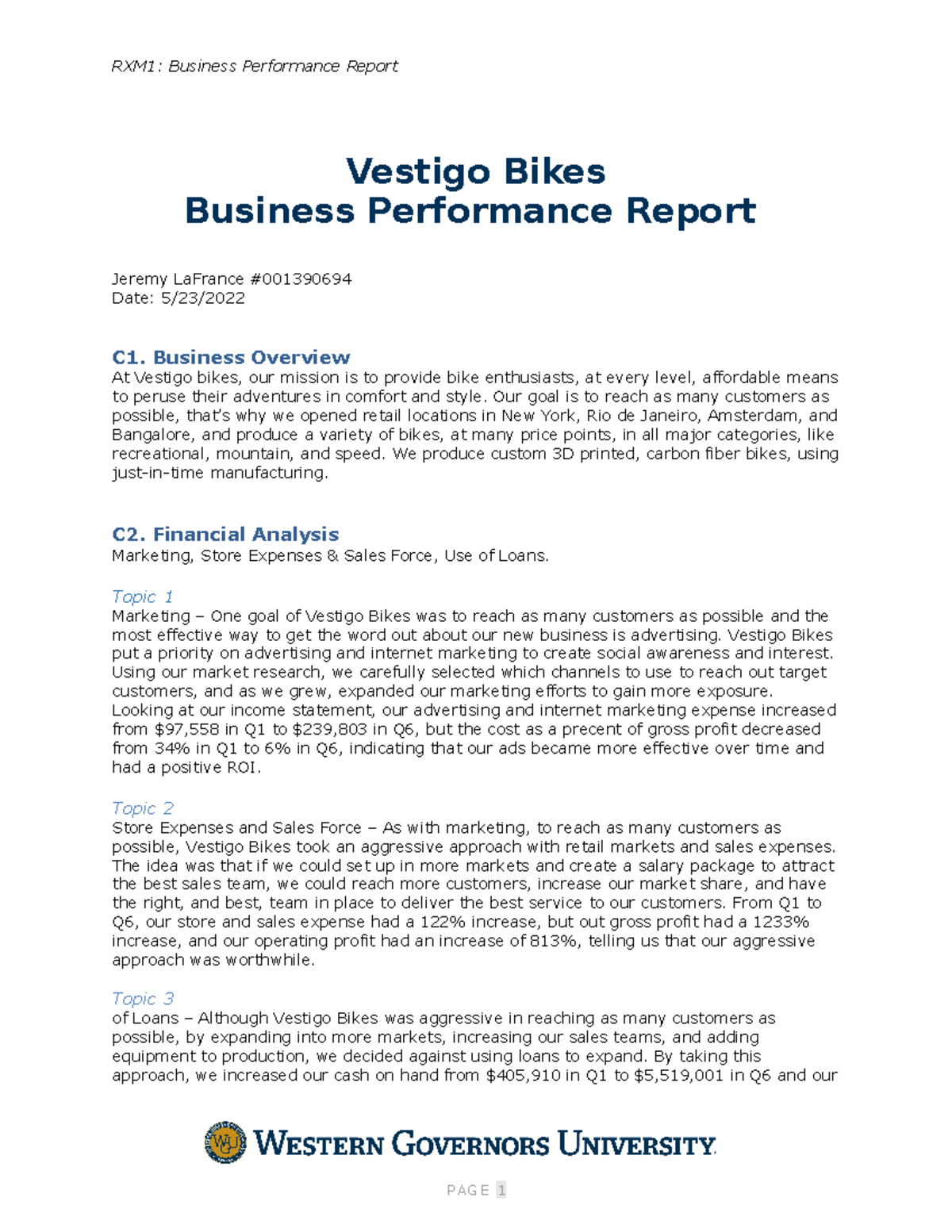 D361 - Task 1 - Business Performance Report for Vestigo Bikes - Studocu
