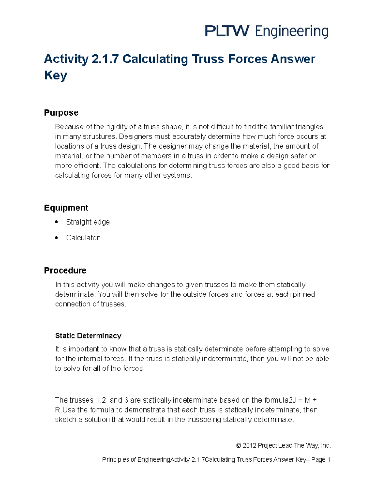2.1.7 - PLTW Engineering: Calculating Truss Forces Procedure & Insights ...