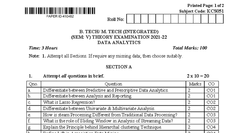 DATA ANALYTICS - KCS051 Theory Exam Notes (B. M. TECH SEM V) - Studocu