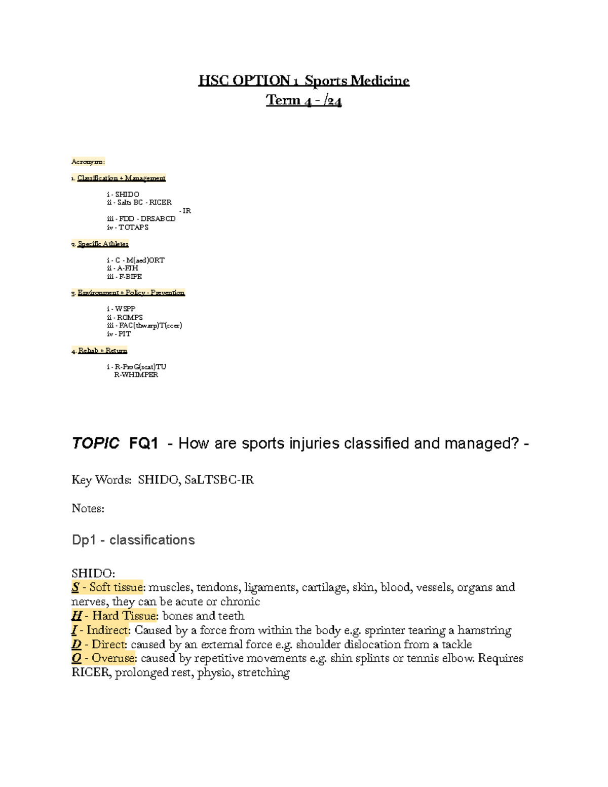 HSC OPTION 1 Sports Medicine Term 4: Key Concepts & Acronyms - Studocu