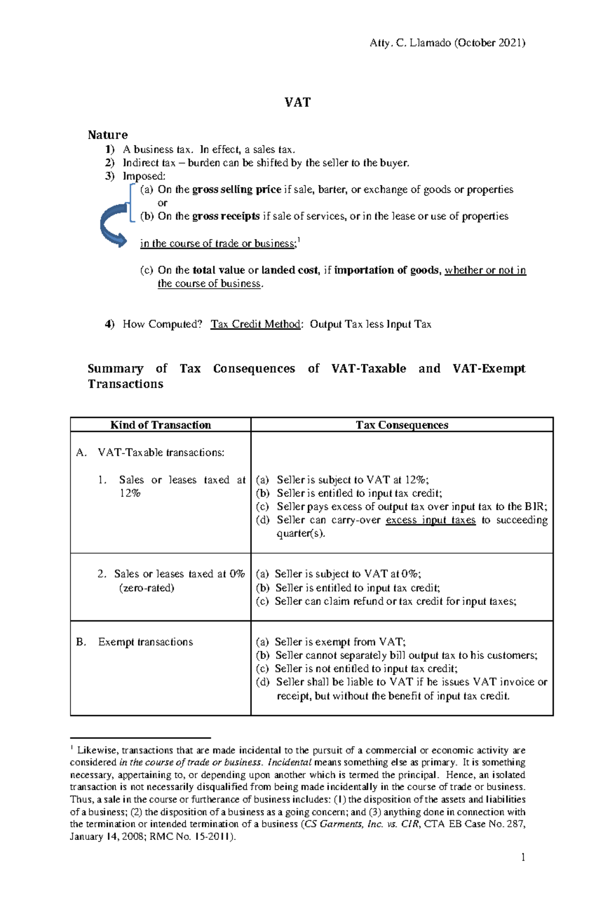 VAT summary notes business taxation. - VAT Nature 1) A business tax. In ...