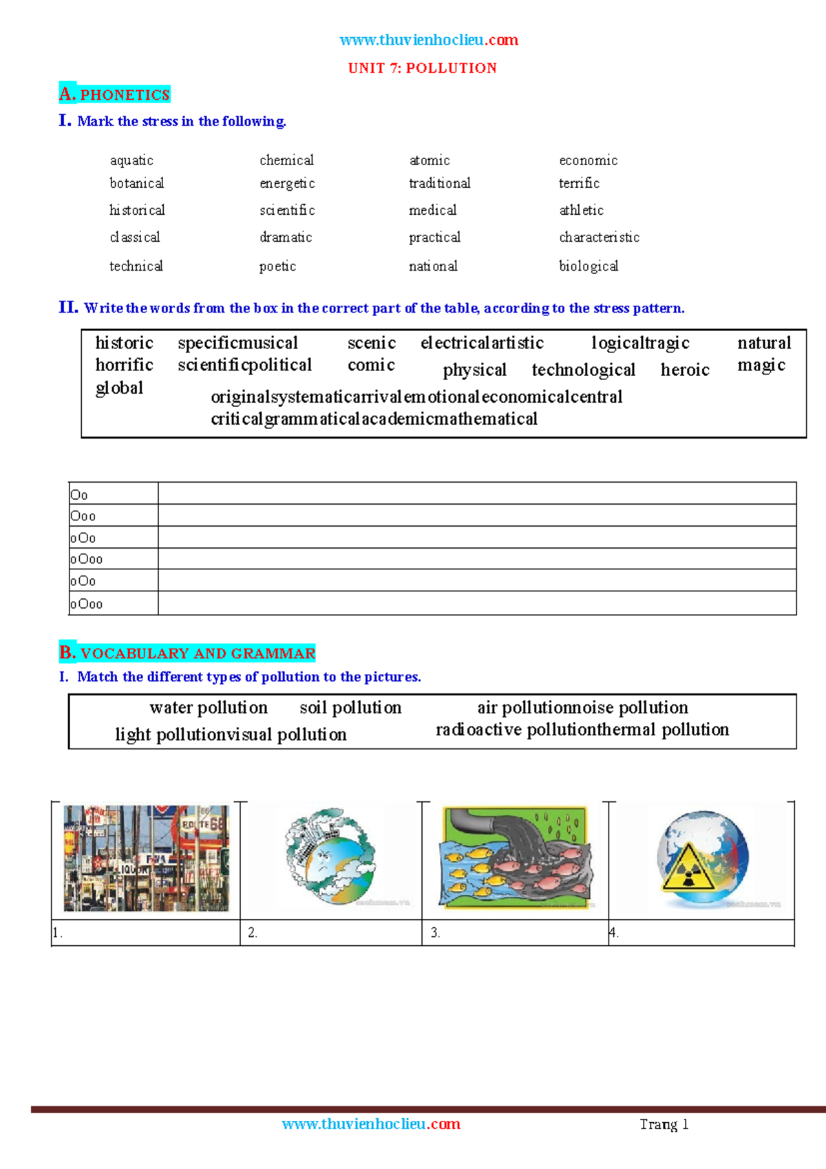 UNIT 7: POLLUTION - PHONETICS, VOCABULARY & GRAMMAR EXERCISES - Studocu