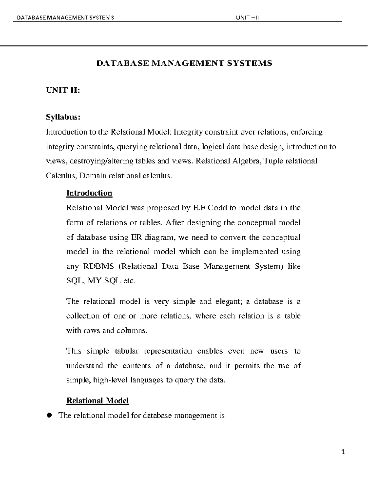 DBMS UNIT II: Relational Model and Integrity Constraints Overview - Studocu