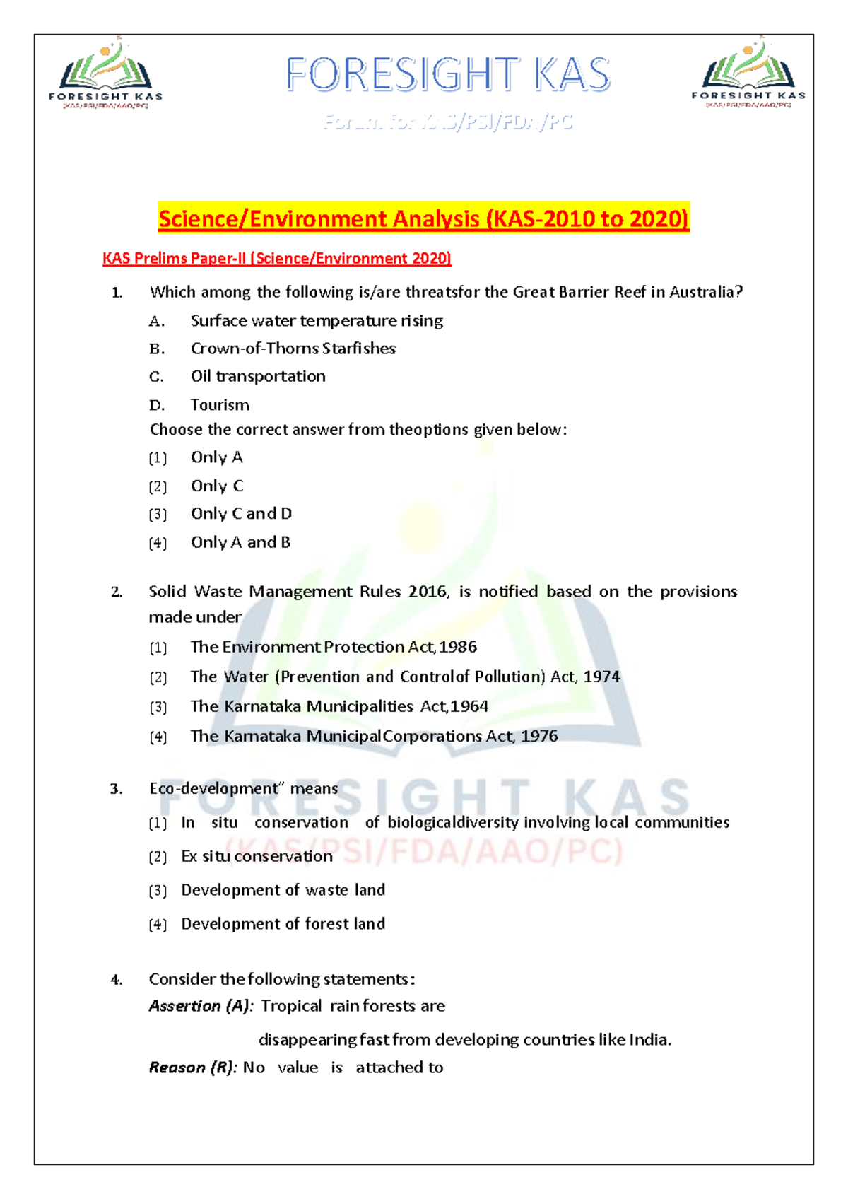 KAS Prelims 2020: Environmental Science Questions and Answers - Studocu