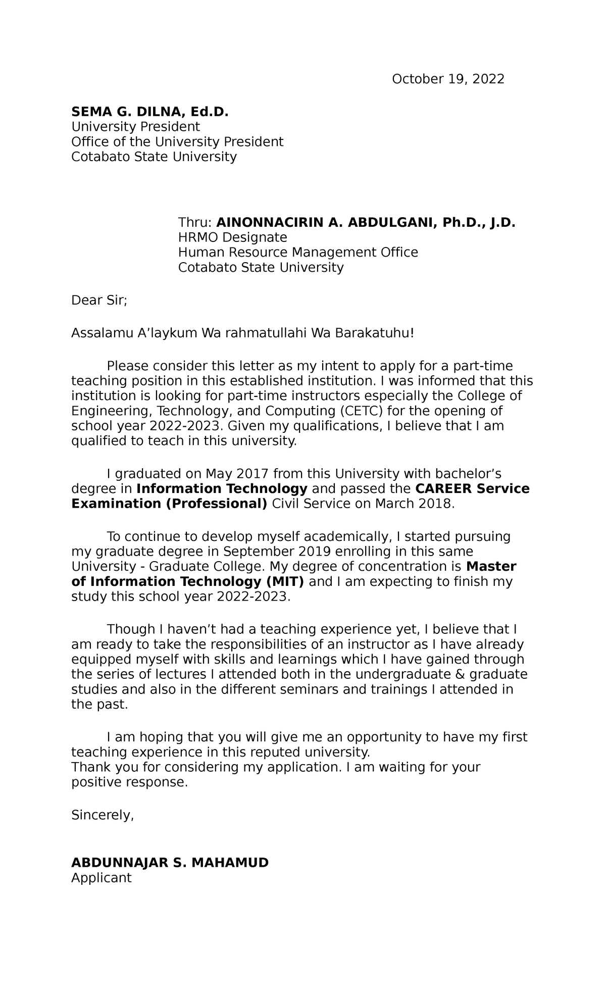 Part-time teaching letter - October 19, 2022 SEMA G. DILNA, Ed ...