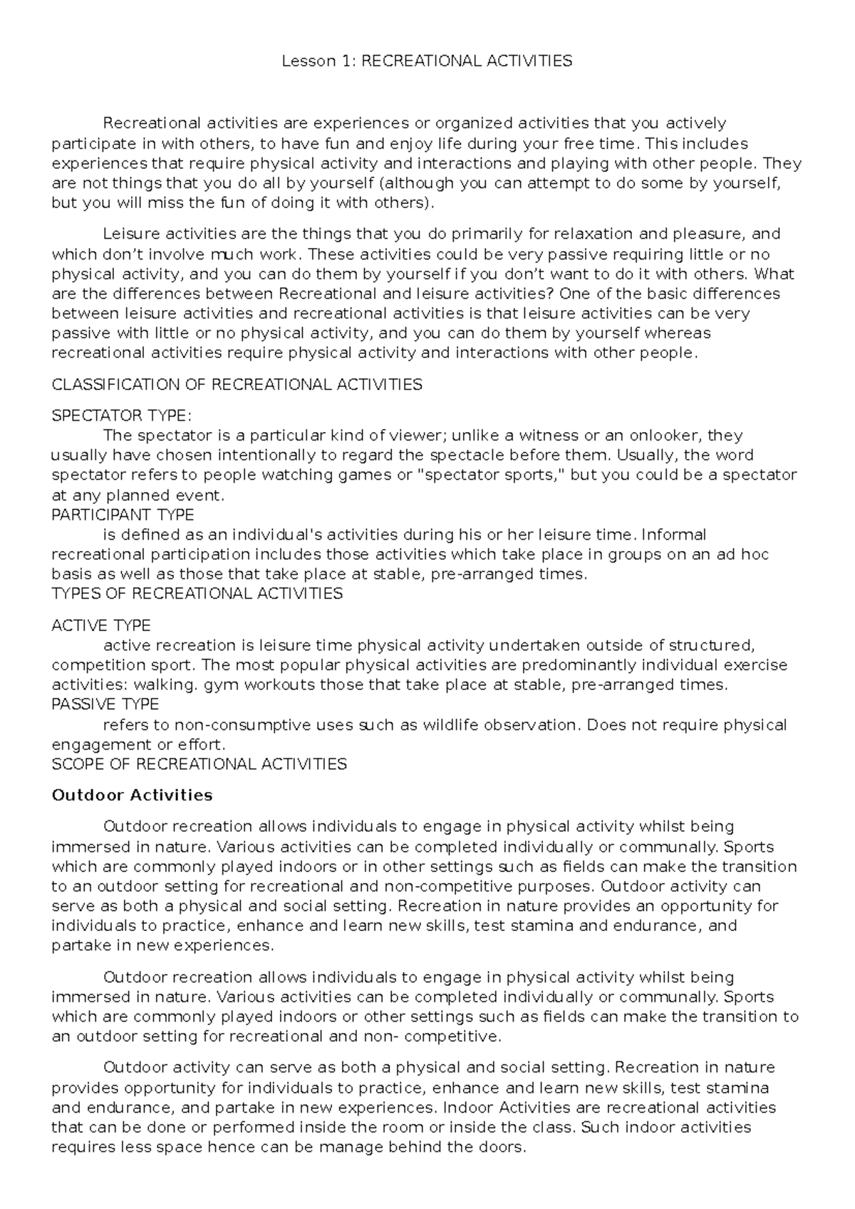 Lesson 1: Overview of Recreational Activities and Their Types - Studocu