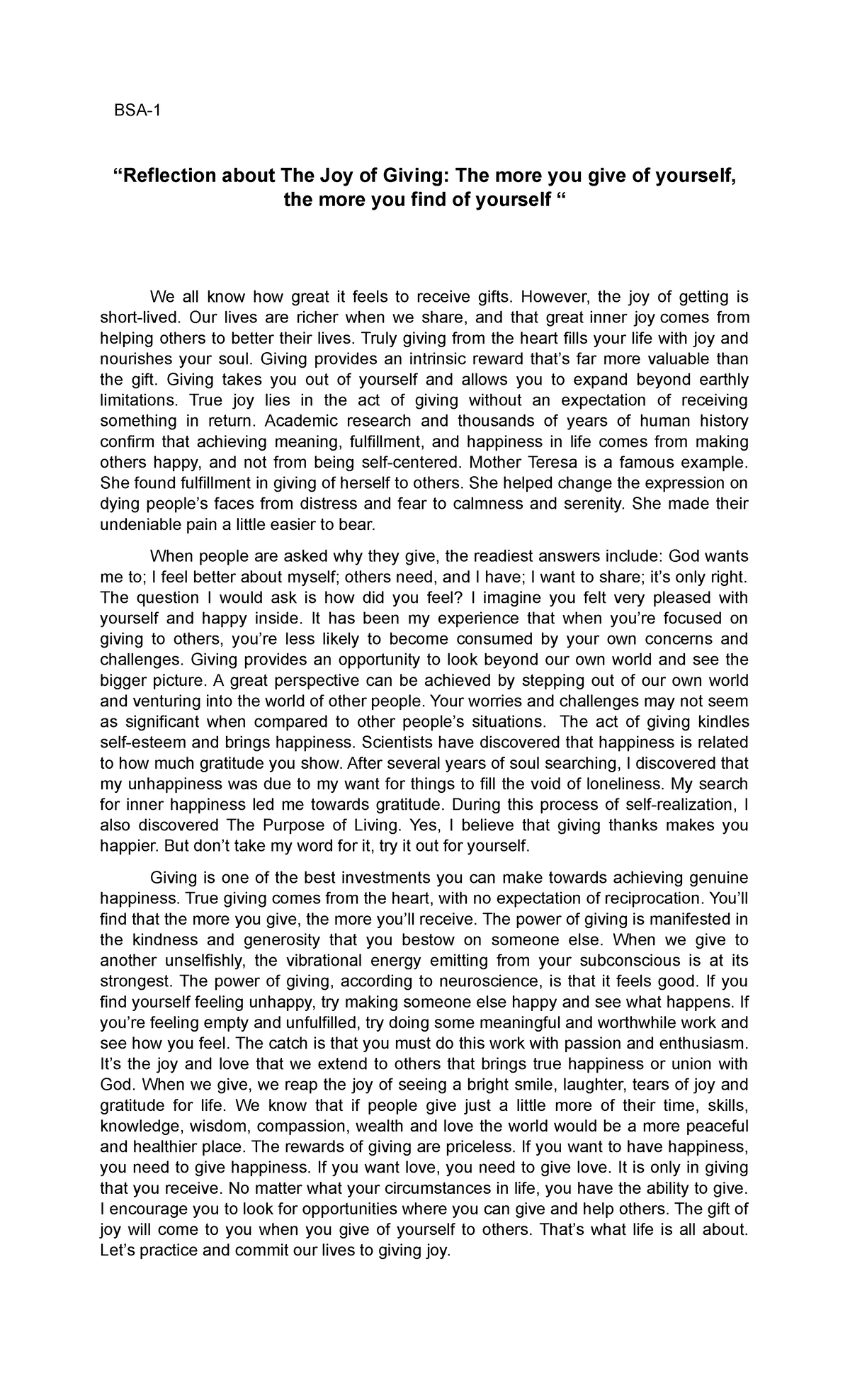 The Joy of Giving - NSTP - BSA- “Reflection about The Joy of Giving ...