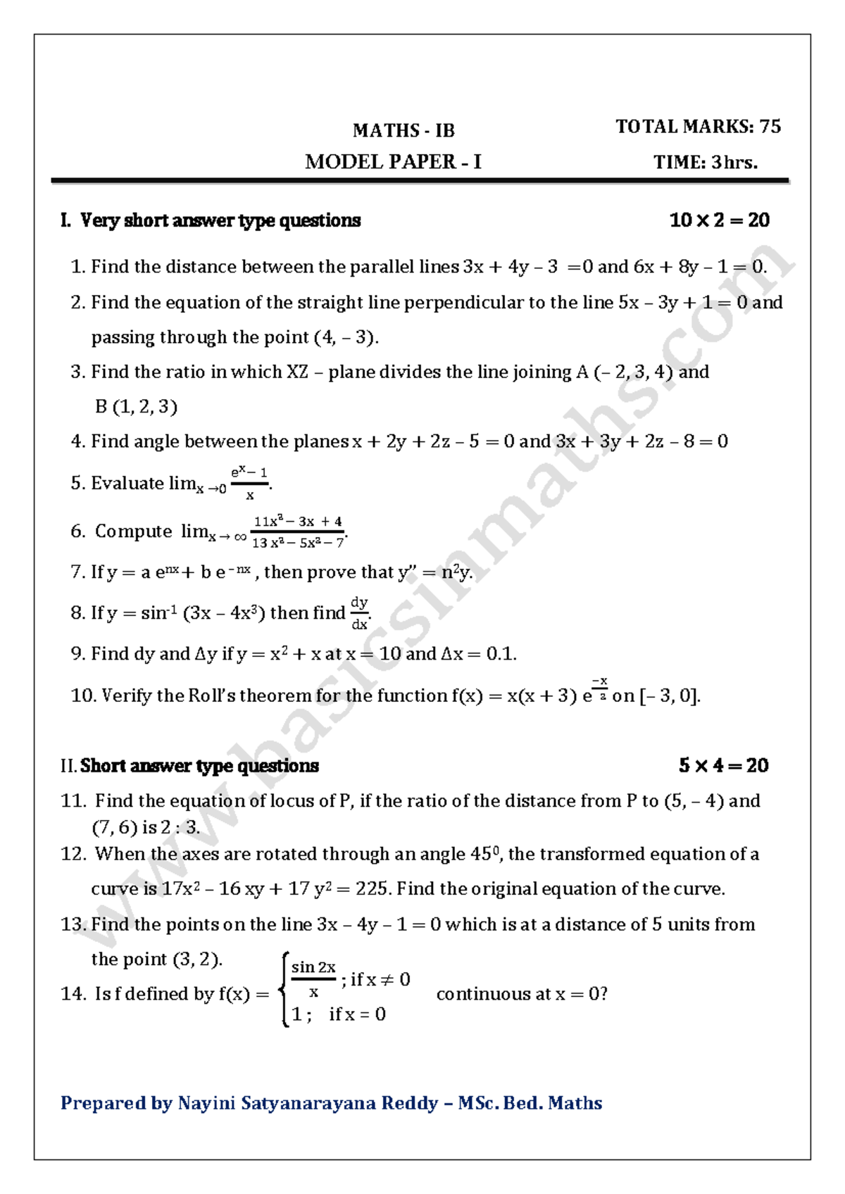 Maths 1B Model Papers 2024 - I. Very short answer type questions 10 × 2 ...