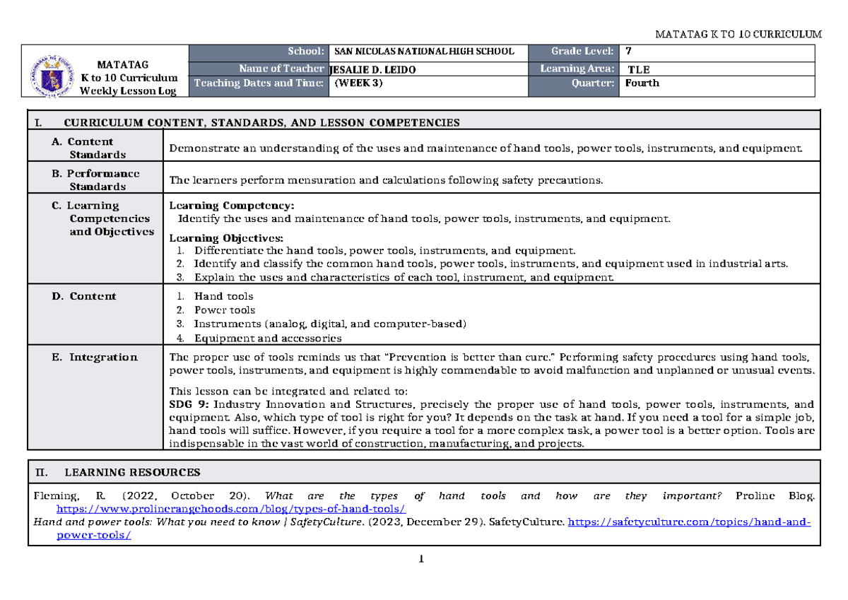 DLL Matatag TLE 7 Q4 W3 - Hand and Power Tools Overview - Studocu