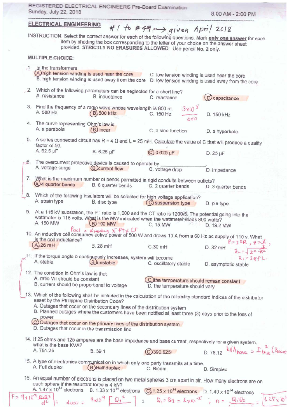 EE-2018-JULY: Registered Electrical Engineers Exam Review Questions - Studocu