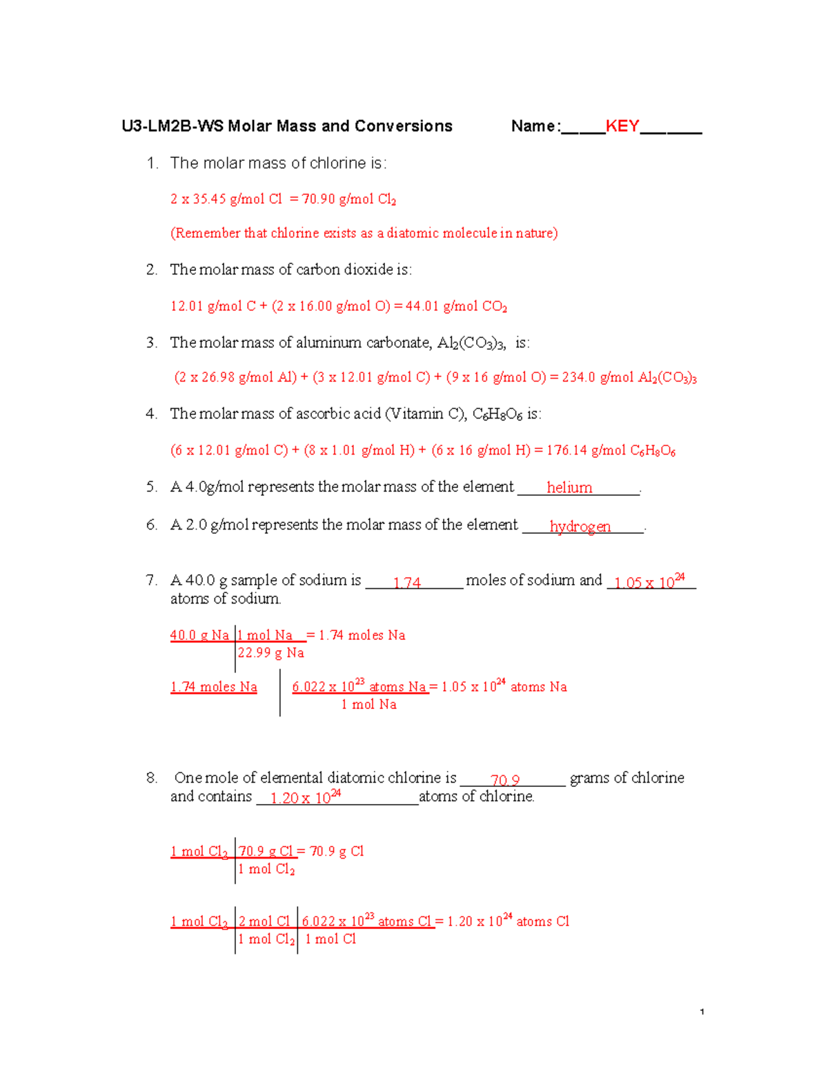 Molar Mass Conversions Wkst KEY - U3-LM2B-WS Molar Mass and Conversions ...