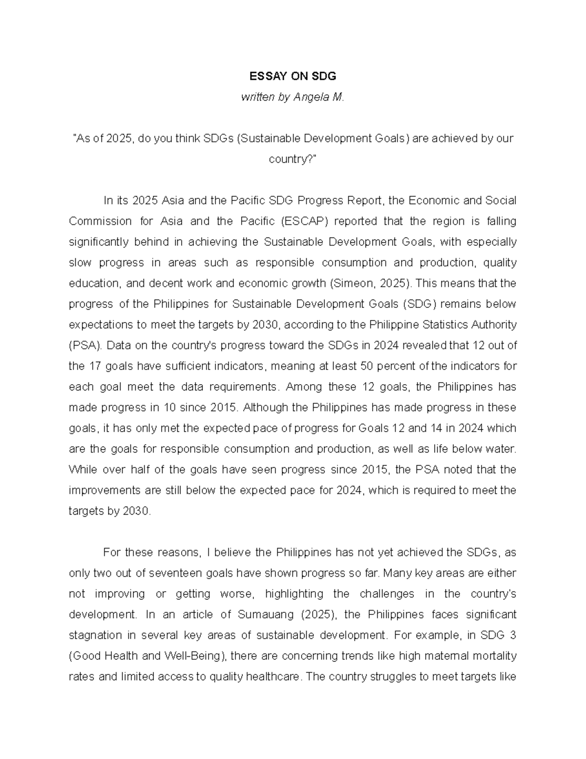 Essay on SDGs: Progress and Challenges in the Philippines (2025) - Studocu